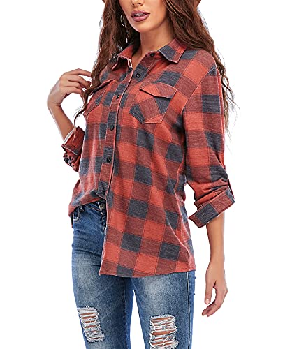 Women Cuffed Long Sleeve Boyfriend Button Down Plaid Flannel Shirt