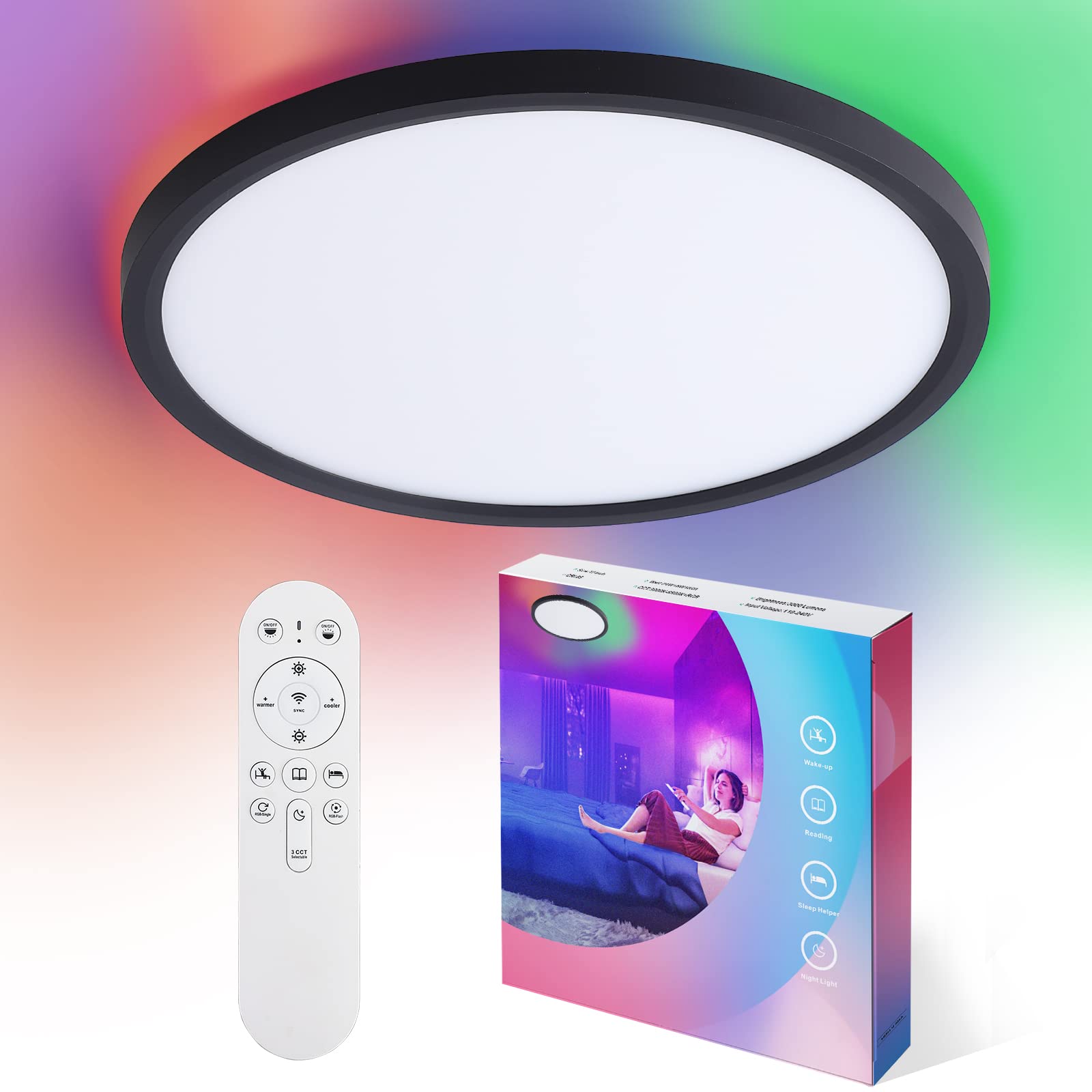 VocgoUU 12 Inch Black Ceiling Light RGB with Remote Control - Dimmable Flush Mount Ceiling Light for Bedroom, Party, Game Room, Color Changing Light Fixture, Round Flat Panel, Low Profile, 24W