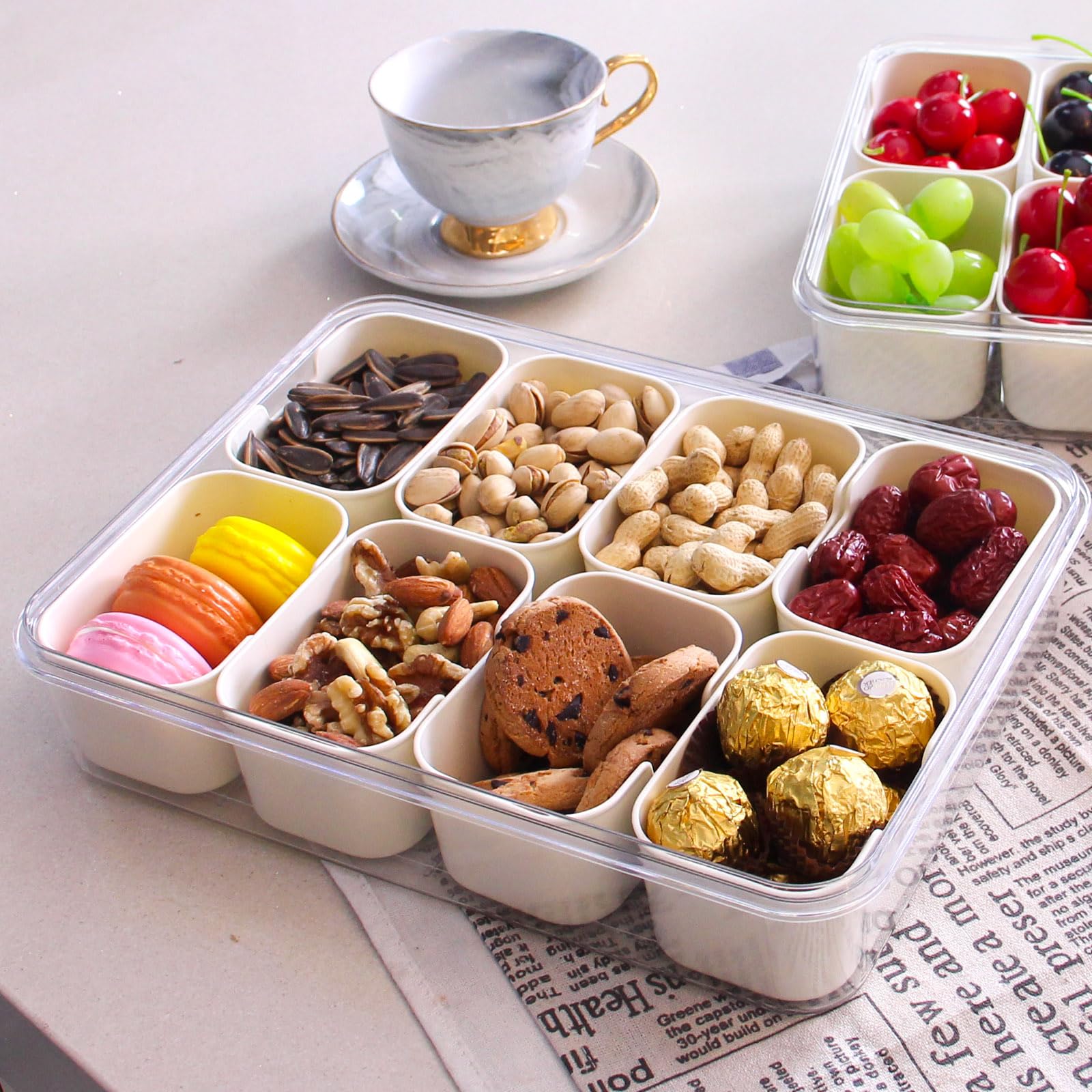 Yuroochii Divided Serving Tray with Handle - Lid & Removable Snack Box 8 Compartment Fruit Container Food Storage Snackle Lunch Organizer Fridge Platter Charcuterie Holder for Travel Candy Party Salad