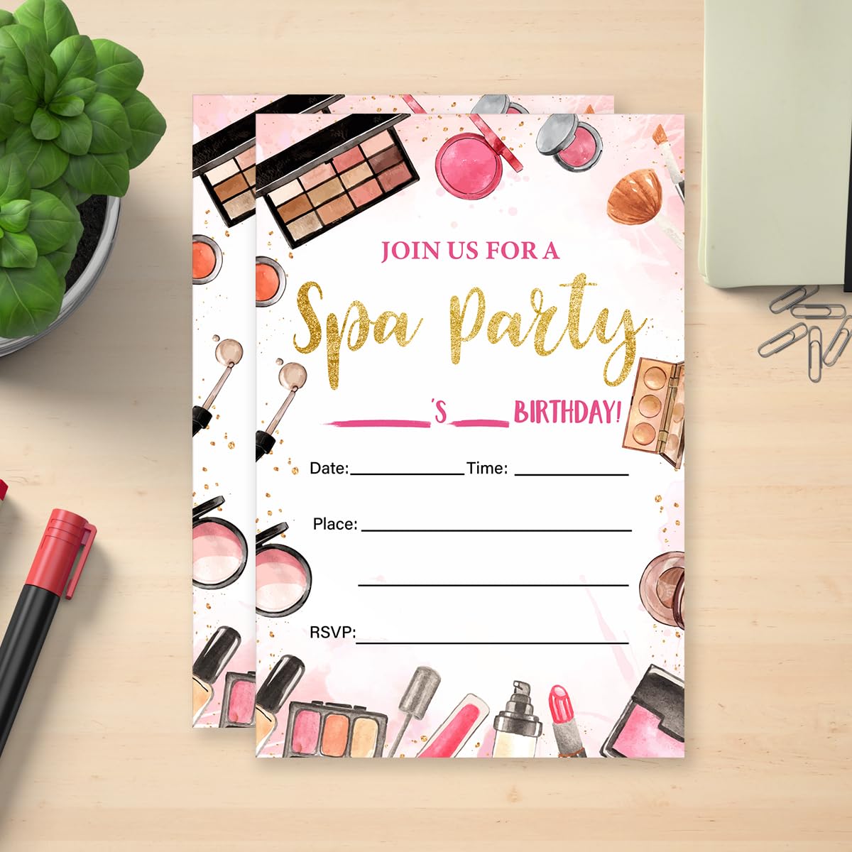 Spa Party Birthday Invitations With Envelopes Set of 20, Glam Makeup Slumber Spa Birthday Party Fill in Invites Cards (Double Sided)