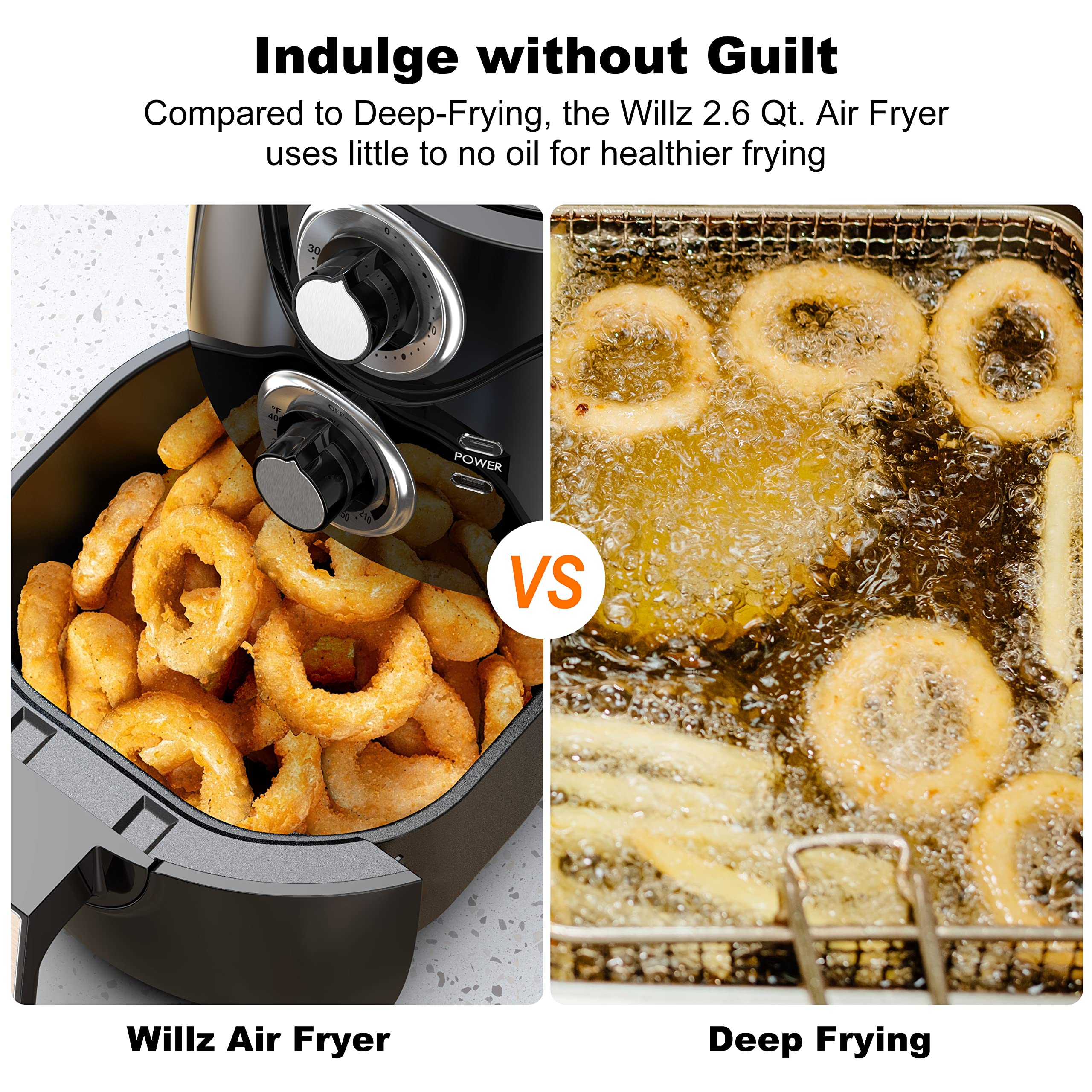 Willz Small Compact Electric Air Fryer Oil Free Quick Cook with Time & Temperature Control & Auto Shut Off Feature, Non-Stick Air Fry Basket, 2.6 Quart, 1200W, Black