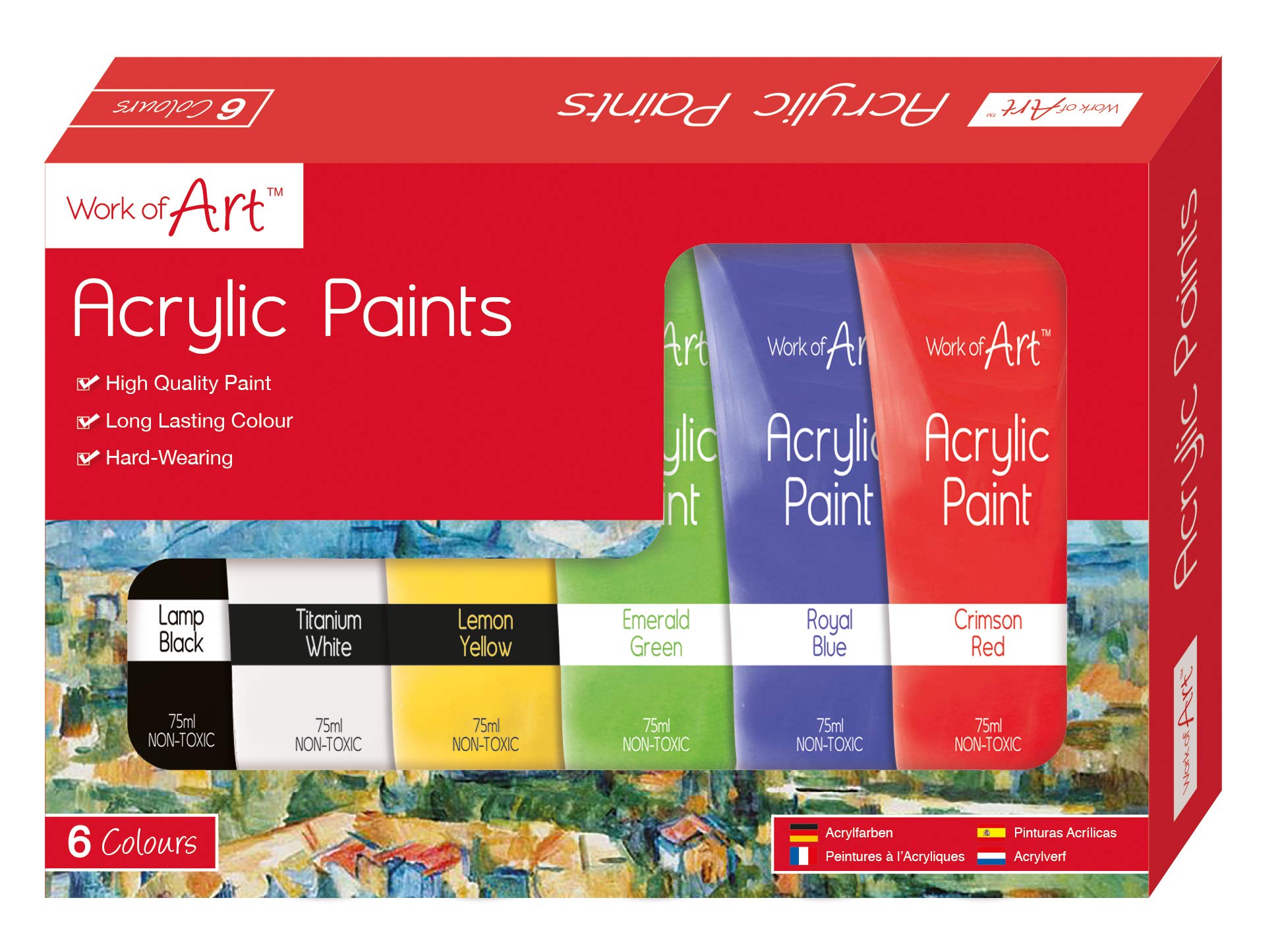 Work of Art 6 Pack Acrylic Paints, 75 ml (Pack of 6), Lemon Yellow, Lamp Black, Titanium White, Emerald Green, Royal Blue and Crimson Red 6 Piece