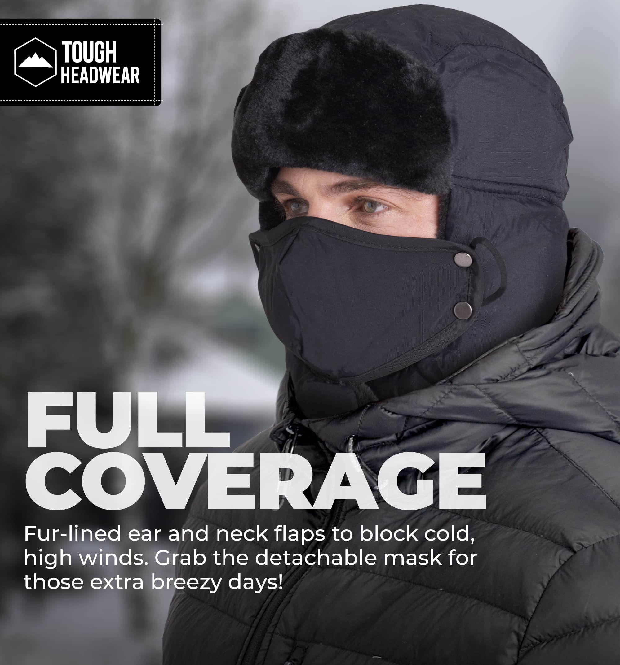Tough Headwear Winter Trapper Hat with Mask - Russian Ushanka Trooper Aviator Hats for Men & Women -Snow Eskimo Hat with Ear Flaps for Cold - Full Black