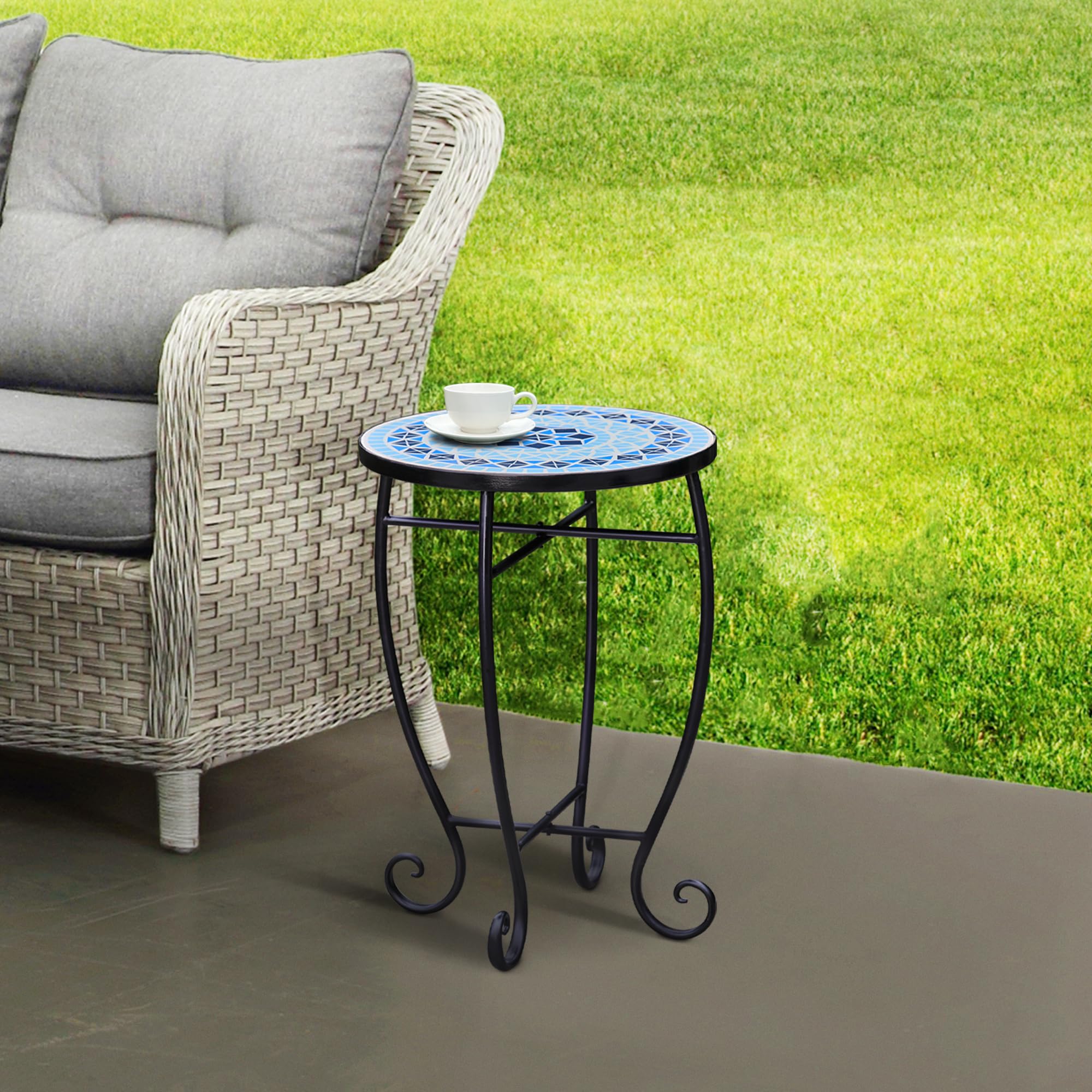 Teamson Home 14 Inch Round Small Outdoor Patio Weather Resistant Planter Stand with Iron Frame, Curved Legs and Ceramic Mosaic Surface, Blue