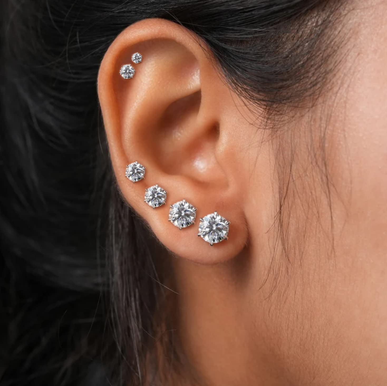 UHIBROS 6 Pairs Stainless Steel Stud Earrings Set Hypoallergenic Cubic Zirconia 14K White Gold 316L CZ Earrings
