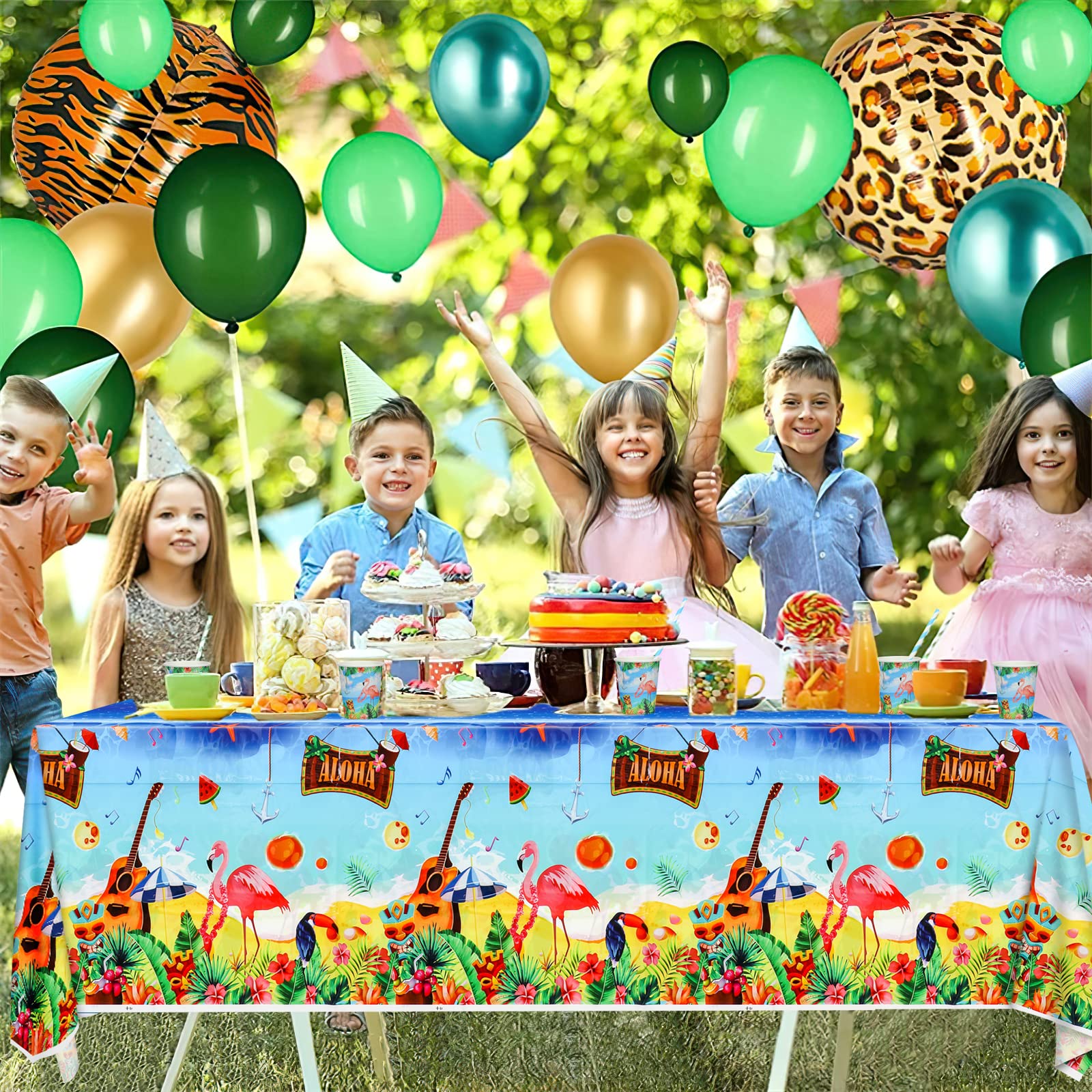 SelfTek Hawaiian Tropical Luau Party Decorations Supplies, 133 Pcs Aloha Birthday Disposable Dinnerware Set (16 Guests) With Tablecloth, Plates Cups Napkins Fork Knives Spoon for Beach Party