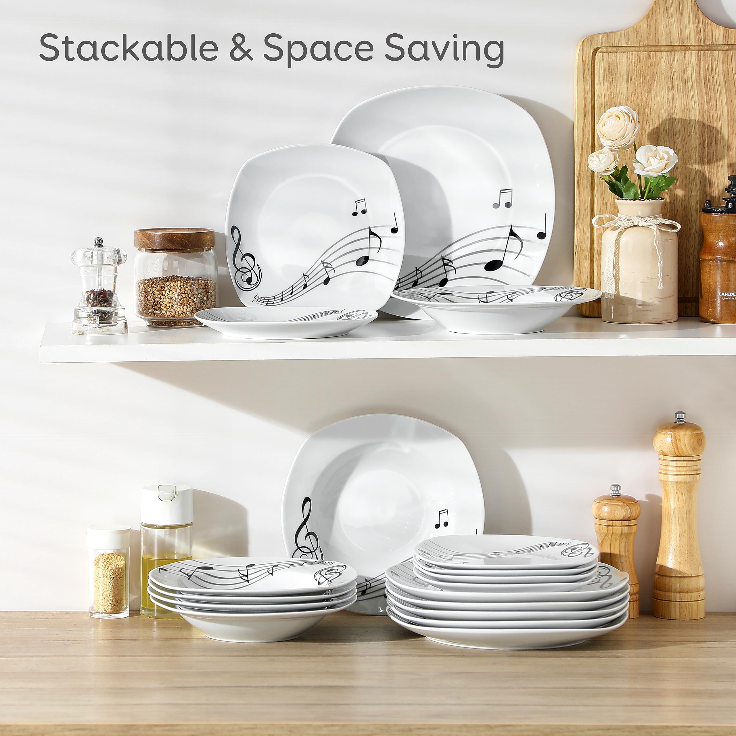 VEWEET Porcelain Dinnerware Sets, 36-Piece Square Musical Note Patterns Plate Sets with Dinner Plate, Soup Plate, Dessert Plate, Service for 12, MELODY Series
