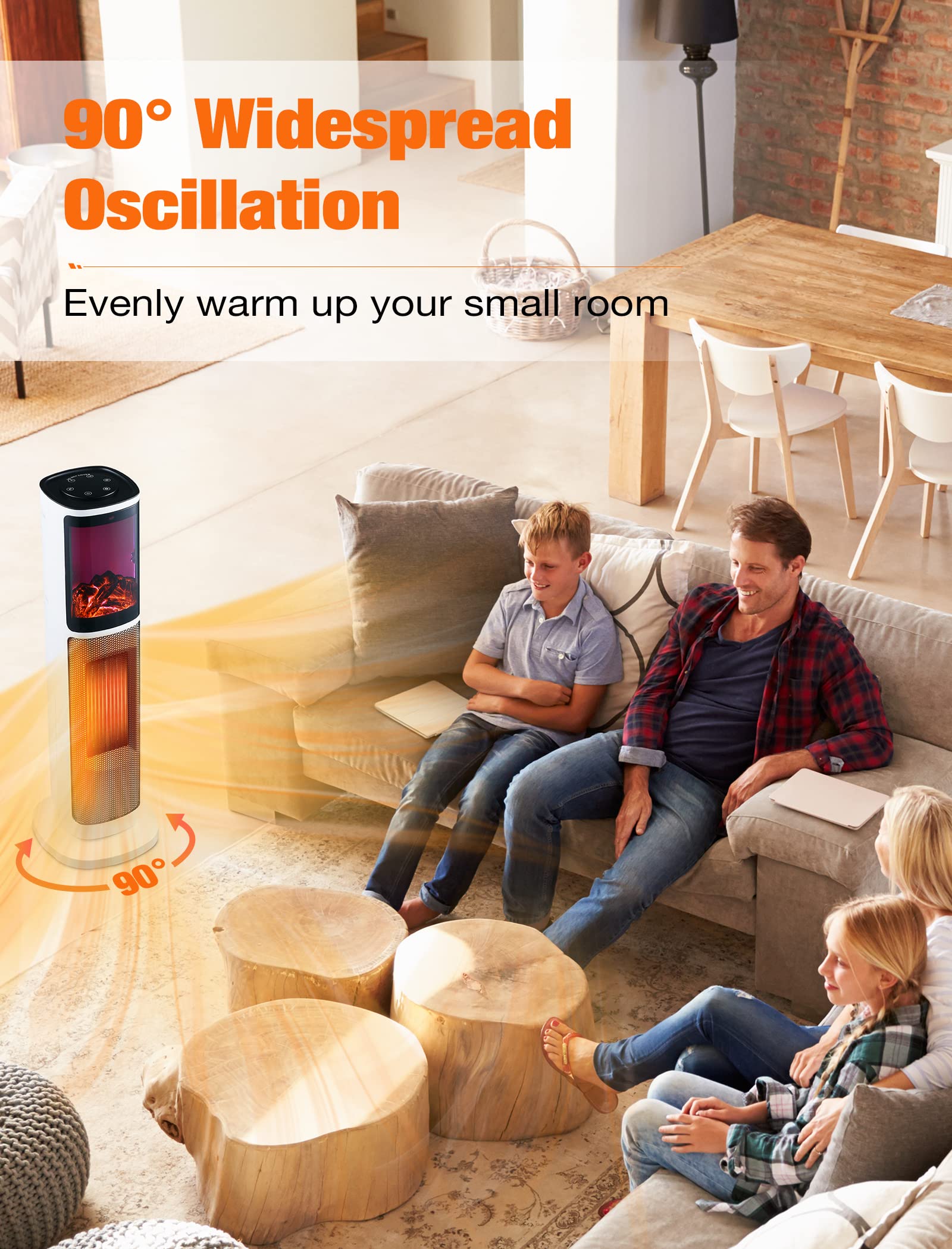 Tower Space Heater for Room, Indoor Electric Space Heater, 3 Modes & Thermostat, 90° Oscillation, 12H Timer, Remote, Overheat & Tip-Over Protection, 3D Flame, Space Heater for Office/Home/Indoor