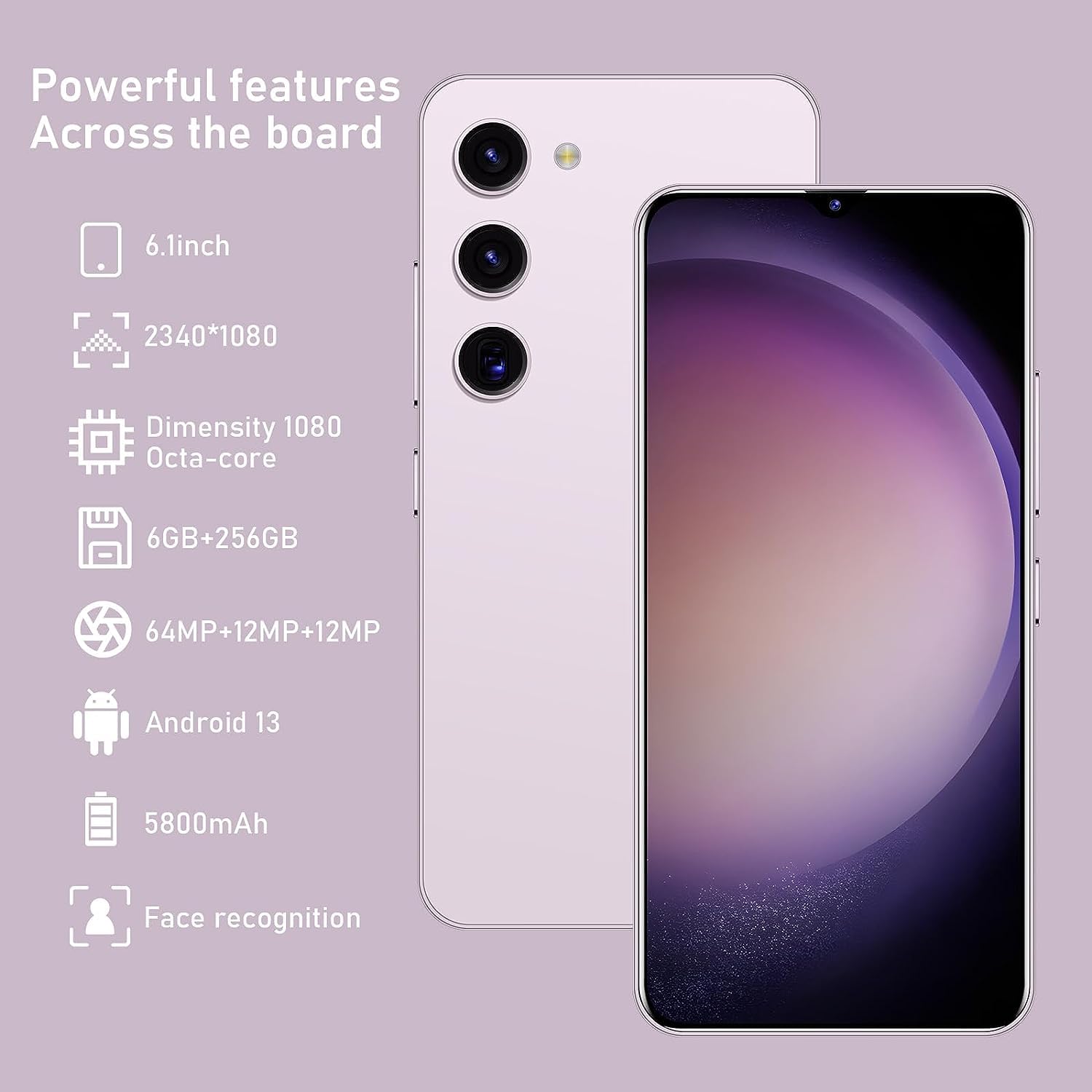 SANSHREUNI C23 Android 13 Phone Unlocked, 6GB+256GB Unlocked Cell Phones, 6.1" FHD+ Display 120HzD, Octa-Core CPU, 64MP Main Camera, 5800mAh Battery, Dual SIM, GPS, Face ID 5G Smartphone (Purple)