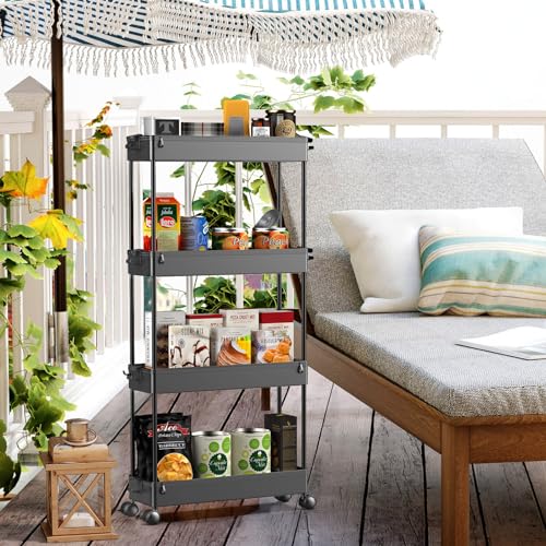 SPACEKEEPER Slim Rolling Storage Cart 4 Tier Organizer Mobile Shelving Unit Utility Cart Tower Rack for Kitchen Bathroom Laundry Narrow Places, Black