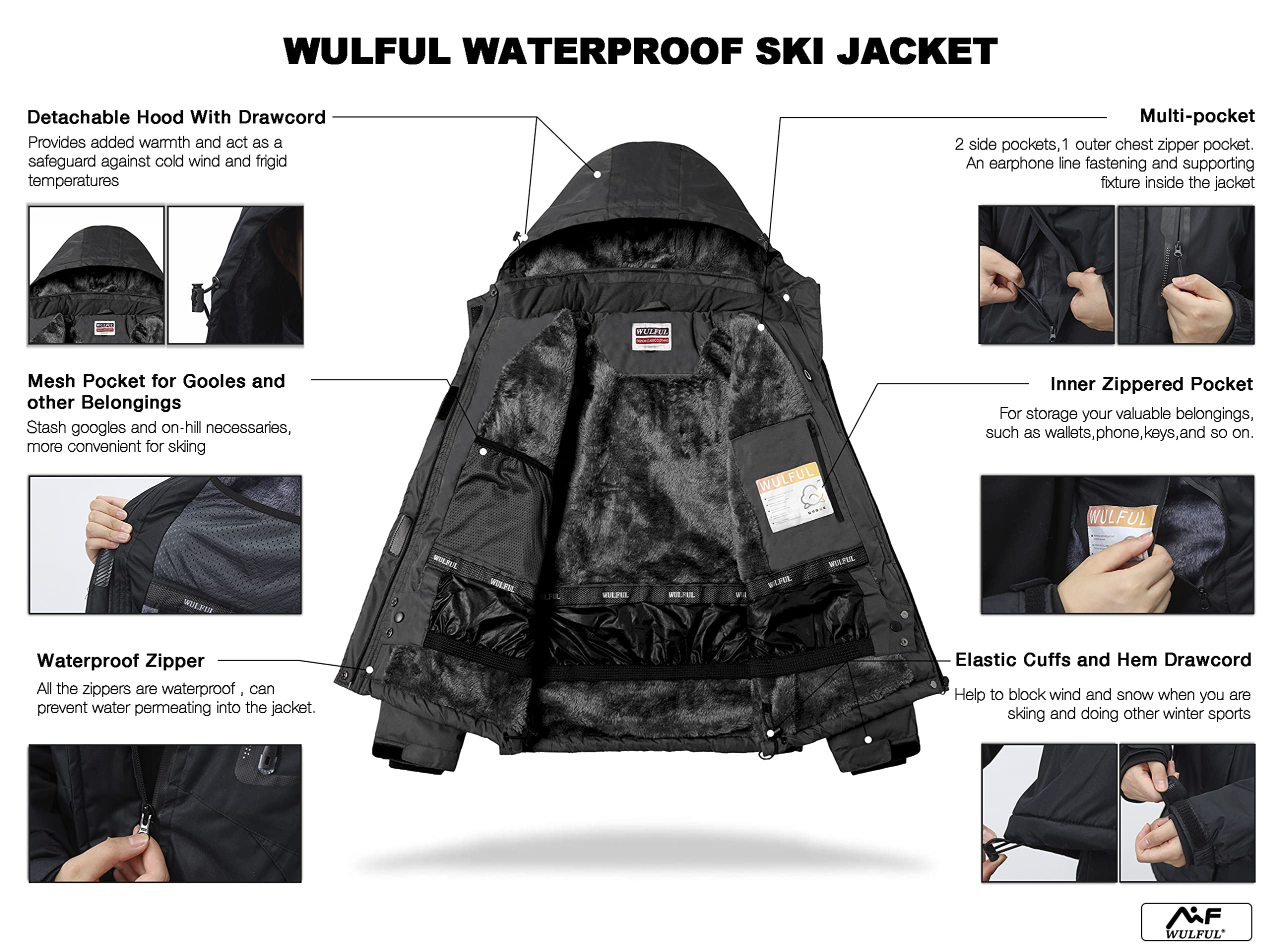 WULFUL Women’s Waterproof Snow Ski Jacket Mountain Windproof Winter Coat with Detachable Hood