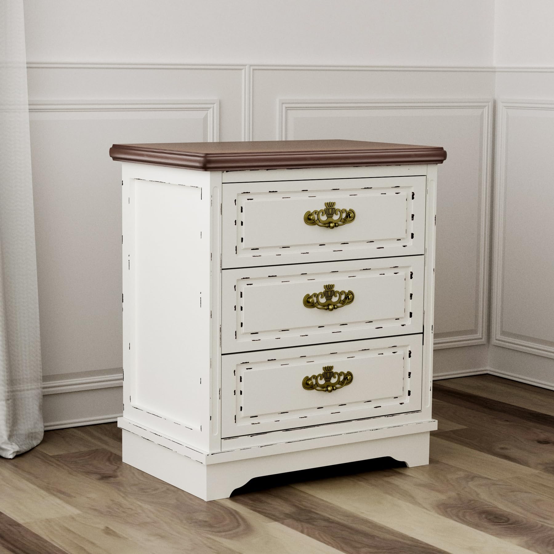 Set of 2 Antiqued Two-Tone 3 Drawer Nightstand, Side End Table Bedside Table with USB and Distressed Finish, 23.5 Inch Vintage Bedside Table for Bedrooms, Living Room