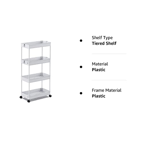 SPACEKEEPER Storage Cart, 4-Tier Mobile Shelving Unit, Bathroom Rolling Cart Utility Storage Organizer Shelf for Kitchen Living Room Bathroom Laundry Room & Dressers, Gray