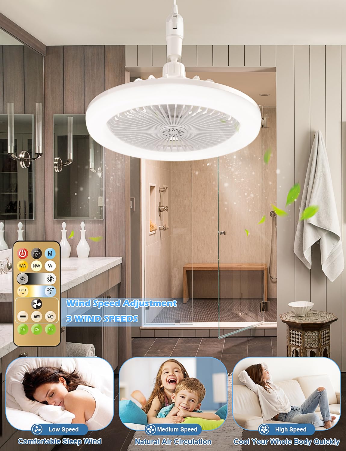 VONFAME Enclosed Ceiling Fan with Light and Remote Small 10-inch E27 Bladeless Ceiling Fans Dimmable LED Lights 3 Gear Wind Speeds Family Summer Gift for Garage Tool Room and Store Room