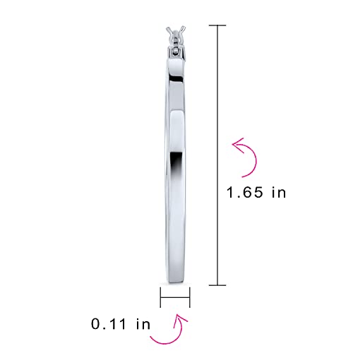 Simple Large Round Flat Square Tube Big Hoop Earrings For Women .925 Sterling Silver Hinged Notched Post 1.65 Inch Diameter