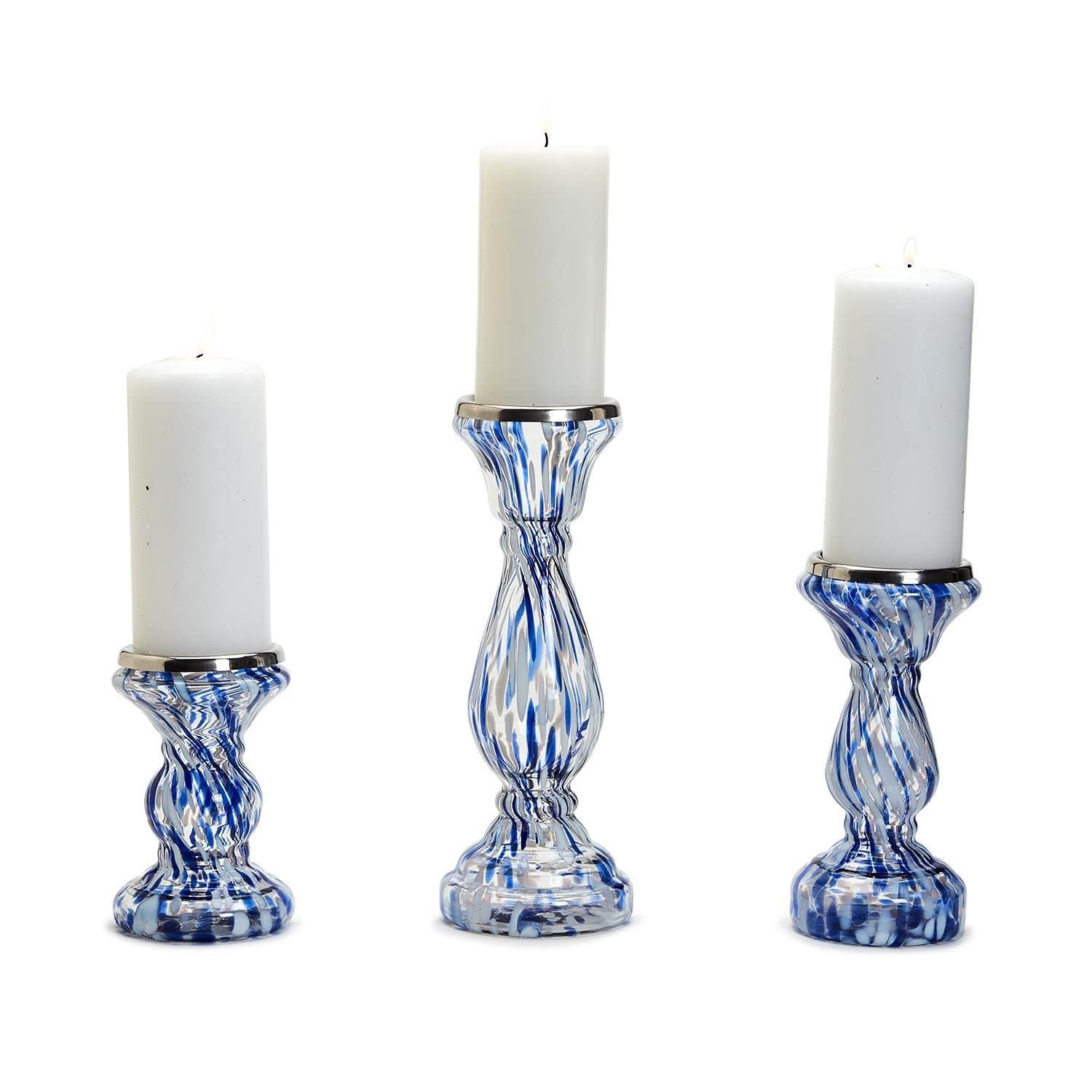 Two's Company Set of 3 White and Blue Swirled Pedestal Pillar Candleholders