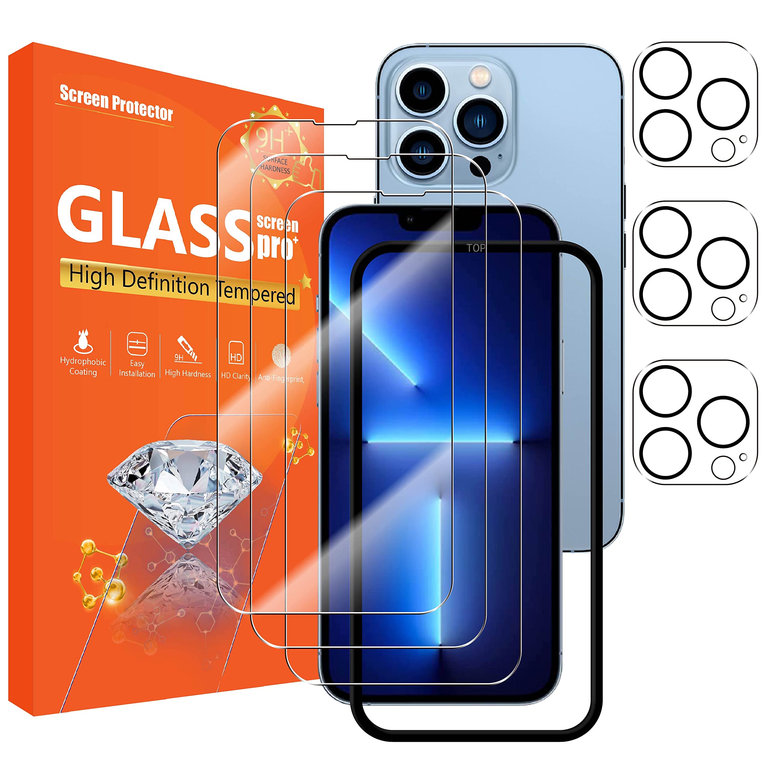 seninhi [3+3Pack] for iphone 13 Pro MAX 6.7inch Screen Protector 3Pack + Camera Lens Protector 3Pack, Tempered Glass Screen Protector [With Easy Installation Frame] [9H Hardness] [Anti-Scratch] [Bubble Free]-Clear