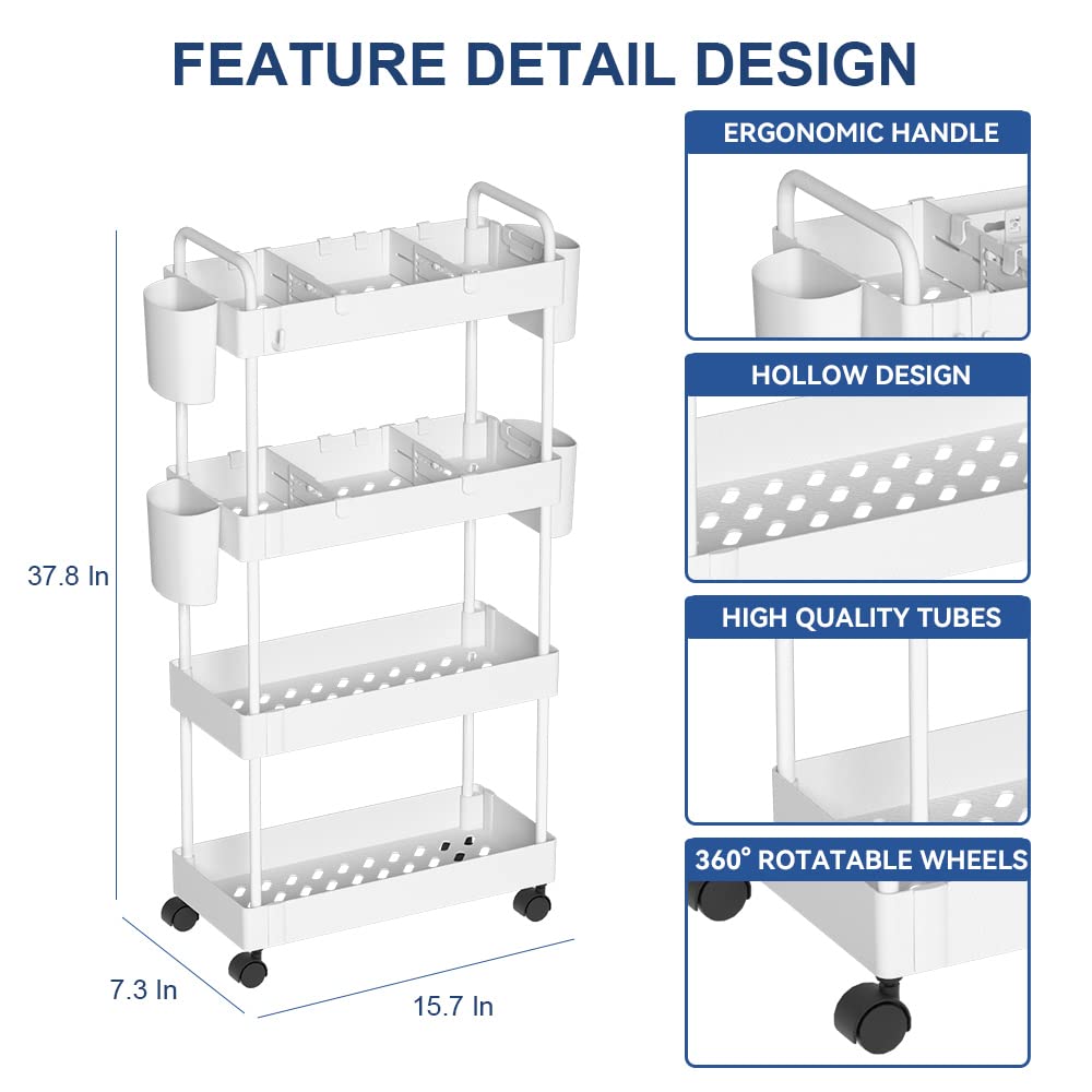 TiLeMiun Rolling Cart Laundry Slim Storage Utility Cart Bathroom 4 Tier Mobile Nursery Multifunctional Slide Out Organizer