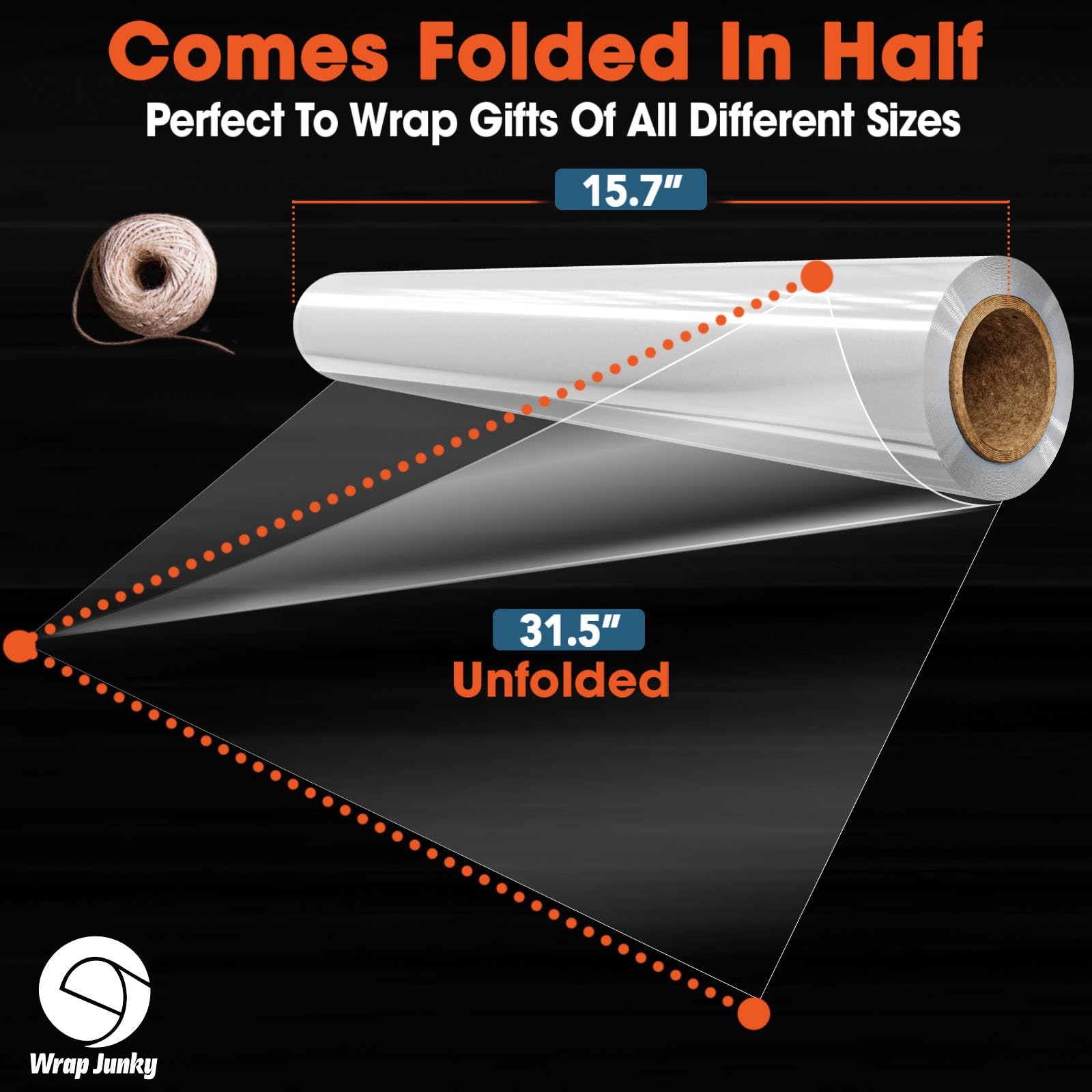 Wrap Junky Premium 3mm Thick Clear Cellophane Wrap Roll | 31.5” x 100 ft (Unfolded) Folded to 15.7” | Cellophane Wrap for Gift Baskets | Durable & Tear-Resistant | Clear Wrapping Paper for Food, Flower & Craft