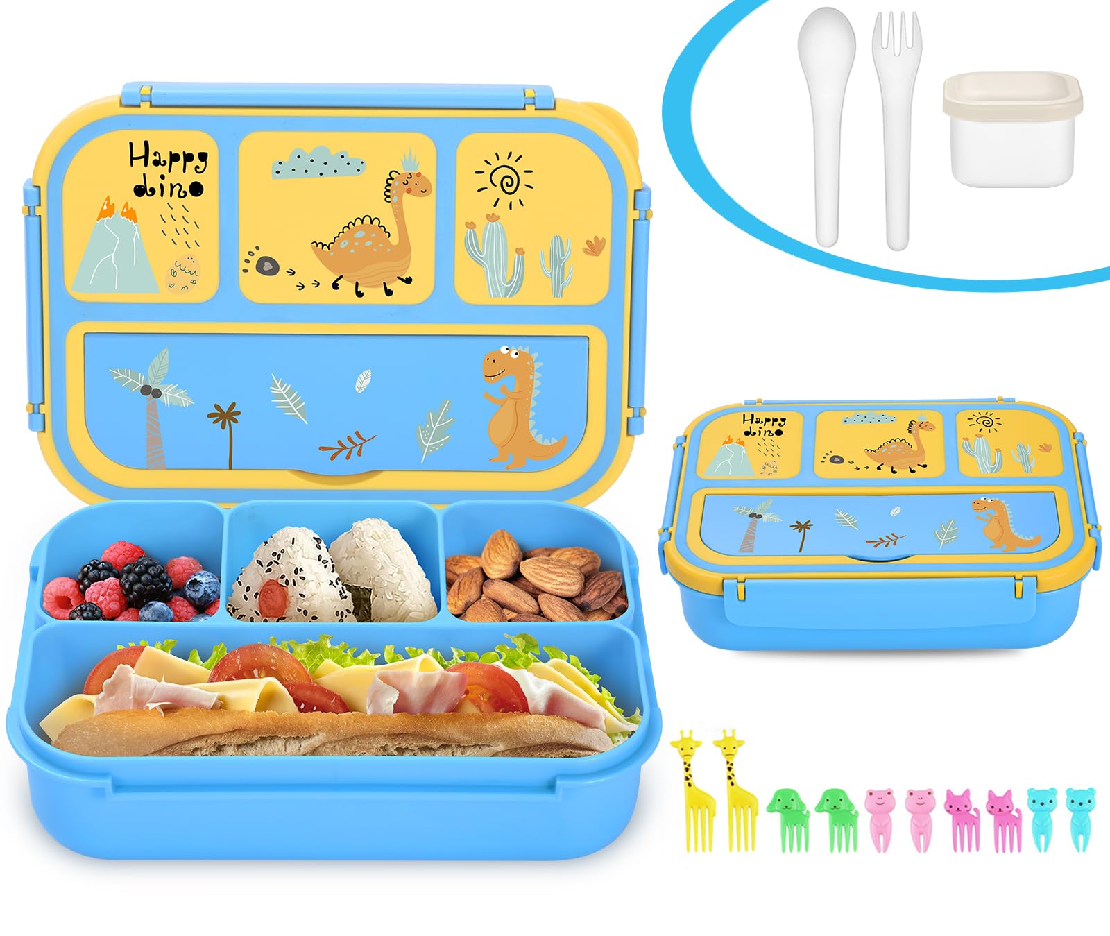 Sunhanny Lunch Box Kids, Bento Lunch Box for Girls Boys School, Lunch Containers for Adults Kids with 4 Compartments, Sauce Container, Utensils, Food Picks and Muffin Cups, Blue Dinosaur