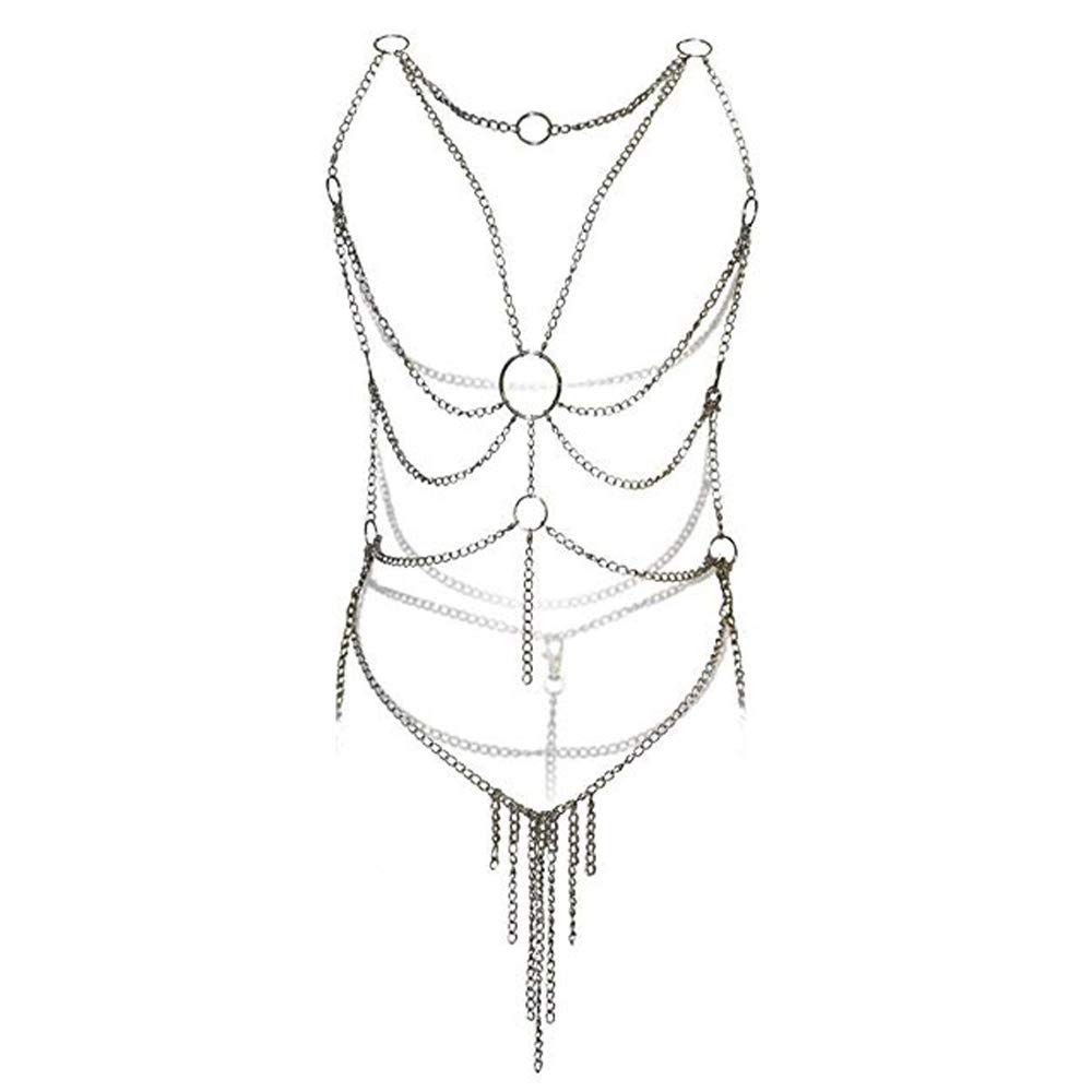 Women's Lingerie Chain Set Cross Enticing Tassel Body Link Harness Metal Chain Set Metallic