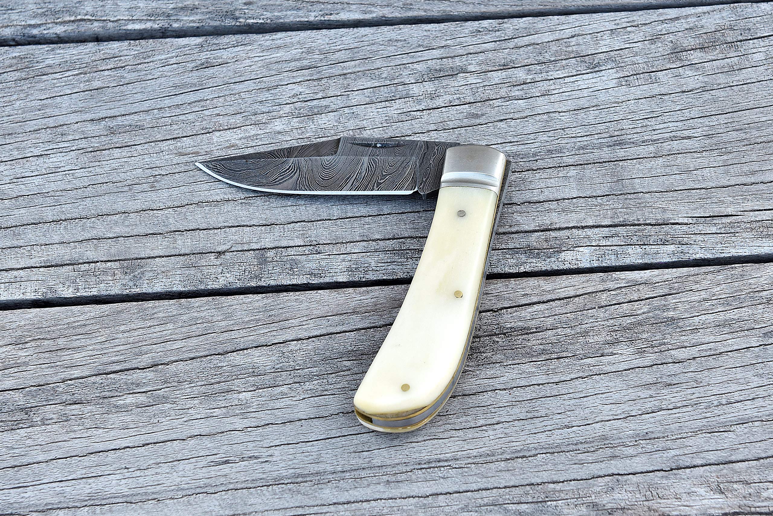 Zaildar Damascus Steel Pocket Knife - Handmade Folding Knife, EDC Knife, Hunting Knife, Camping Knife & Hiking Knife with Brass & Bone Handle & Leather Knife Sheath