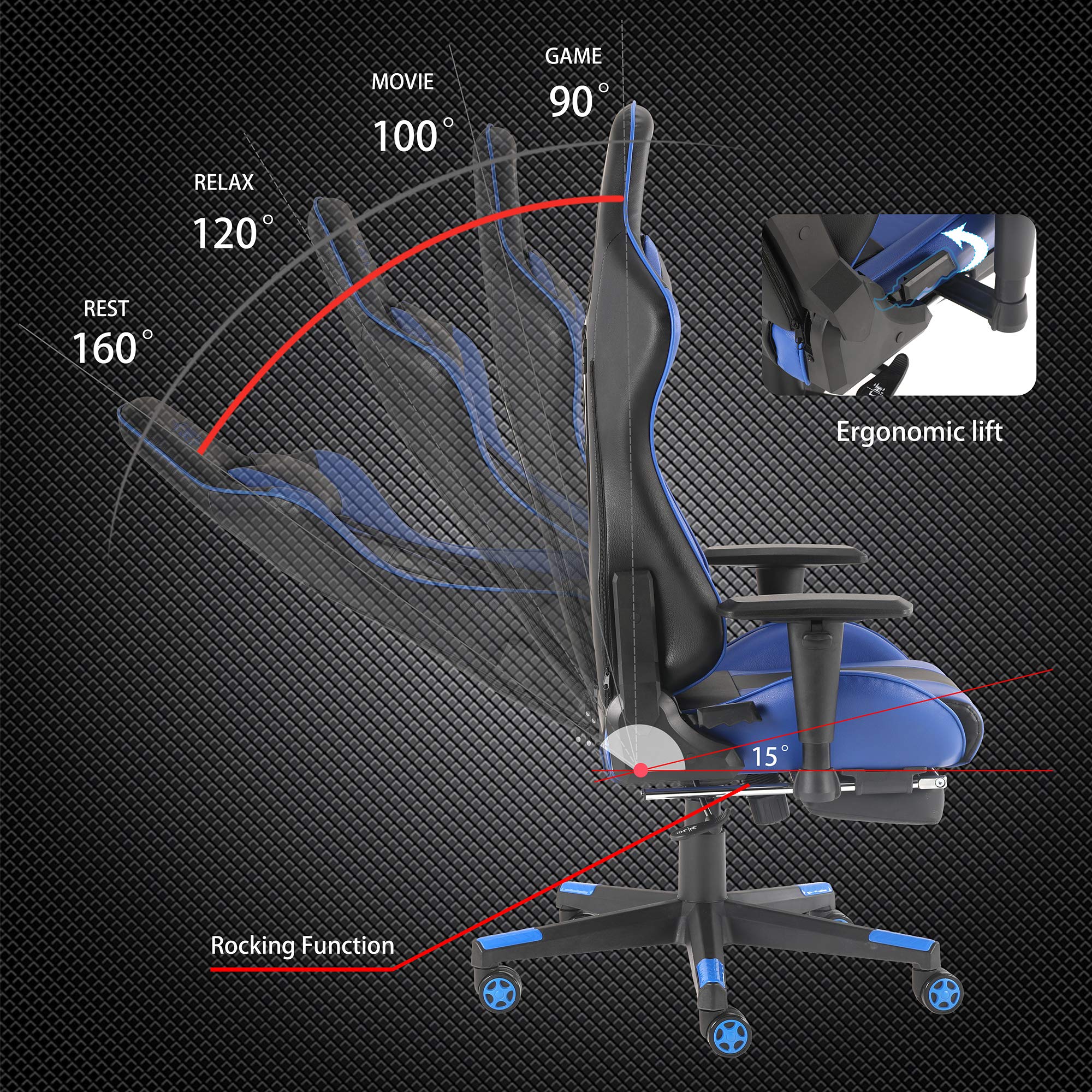 SMAX Gaming Chair with Footrest Racing Office Computer Ergonomic Video Game Chairs PU Leather Headrest and Massager Lumbar Support Adjustable Rolling Swivel Gamer Chair Black and Blue