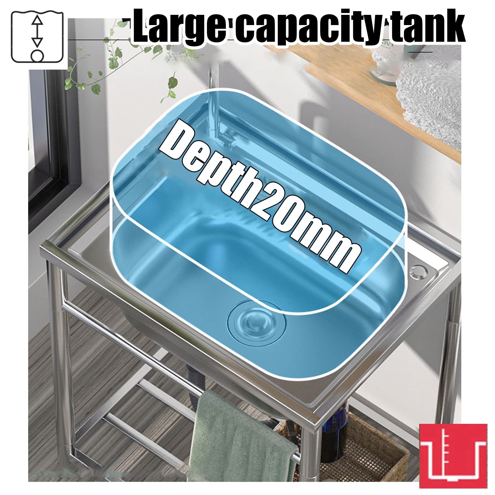 SEYFI Kitchen Sinks U-Tility Sink,Free Standing, Stainless Steel Sink Free Standing Kitchen Sink,Commercial Sink, Freestanding Countertop for Laundry/Single Cold/Single Cold