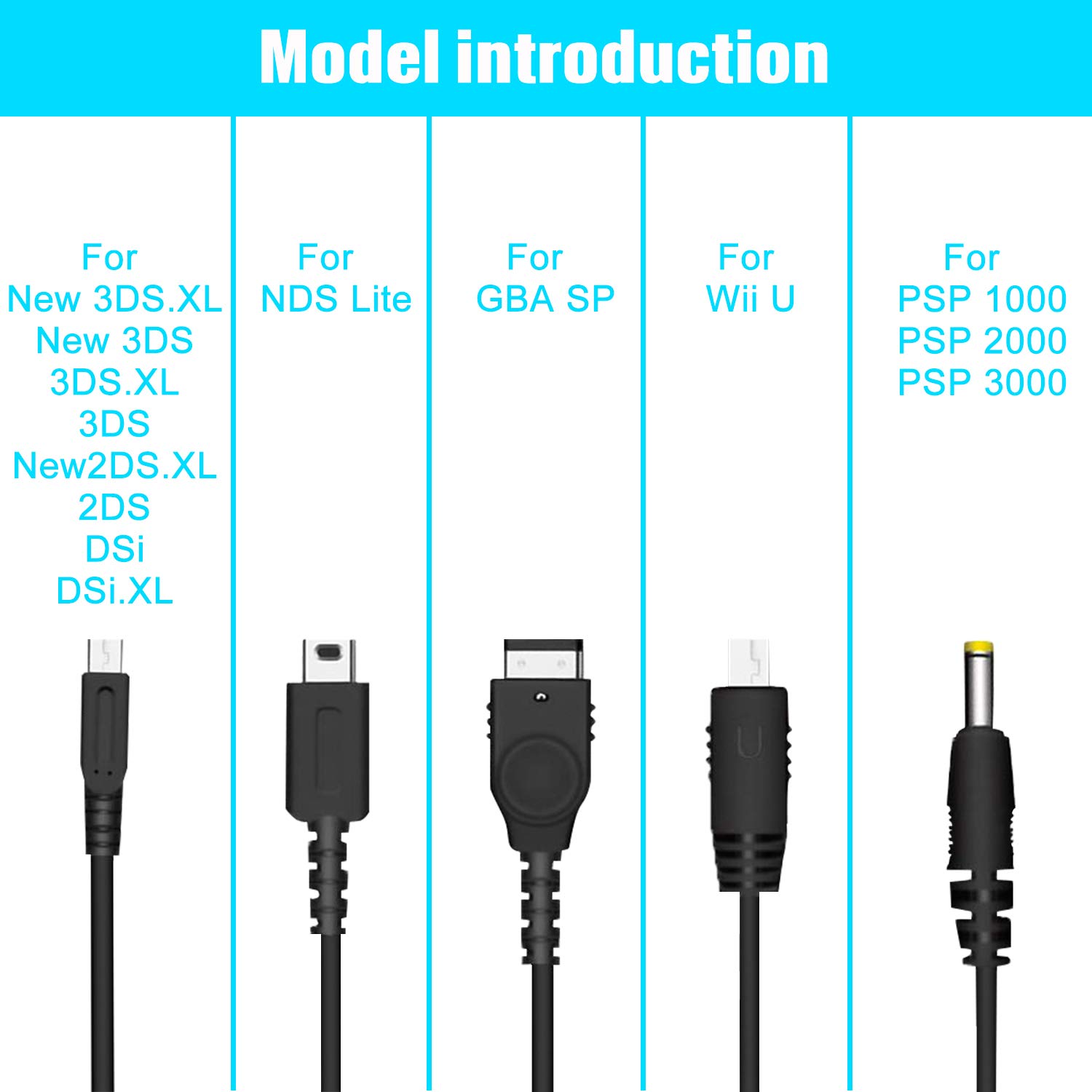 Xahpower 5 in 1 USB Charger Cable Cord for Nintendo NDS Lite/Wii U/New 3DS(XL/LL),3DS(XL/LL),2DS,DSi(XL/LL),NDS/GBA SP(Gameboy Advance sp),PSP 1000 2000 3000