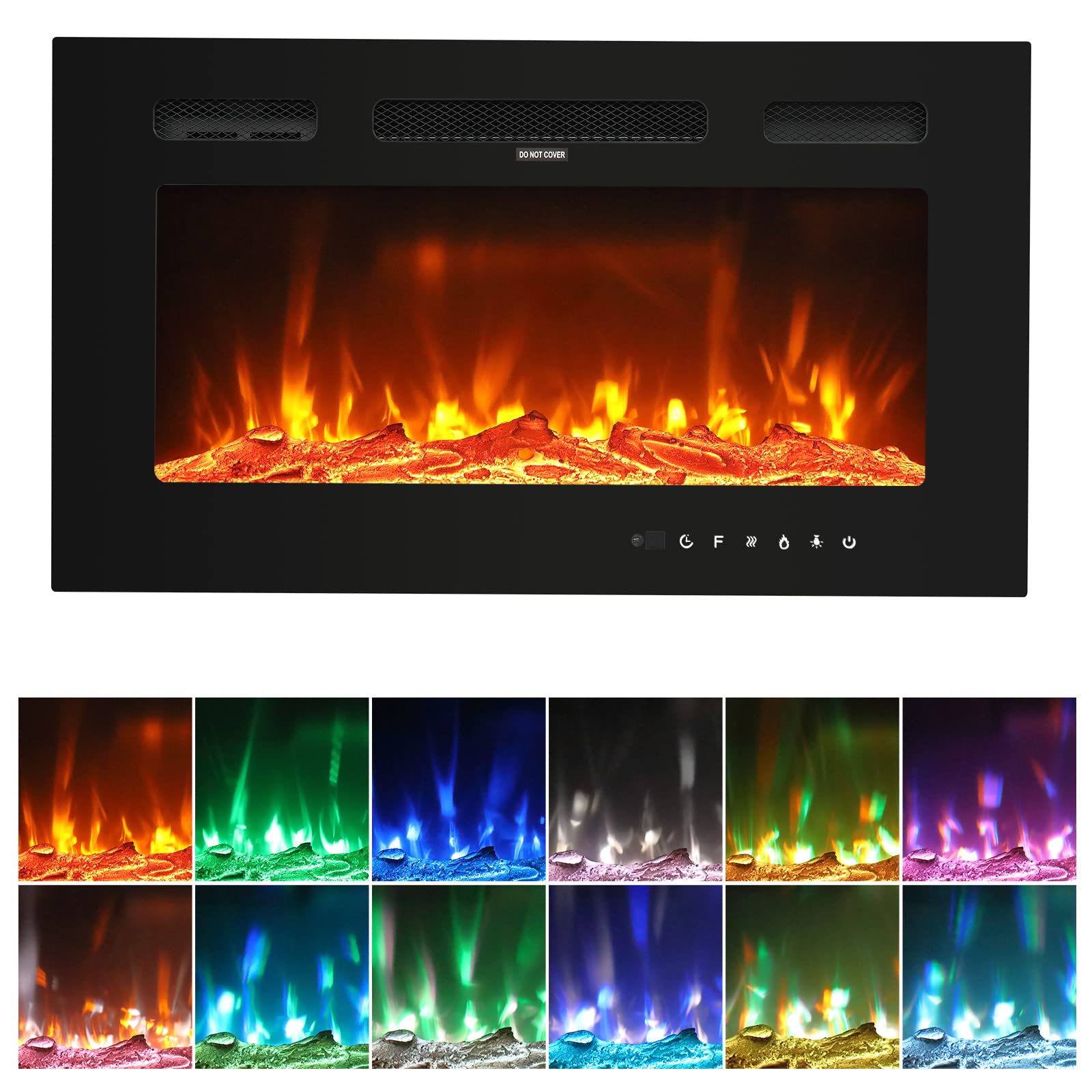 Winado 30 inch Wall Mounted and Recessed Electric Fireplace, Ultra Thin, Low Noise, Remote Control with Timer, Touch Screen, 12 Flame Colors, 5 brightness levels, 750W/1500W (Black)