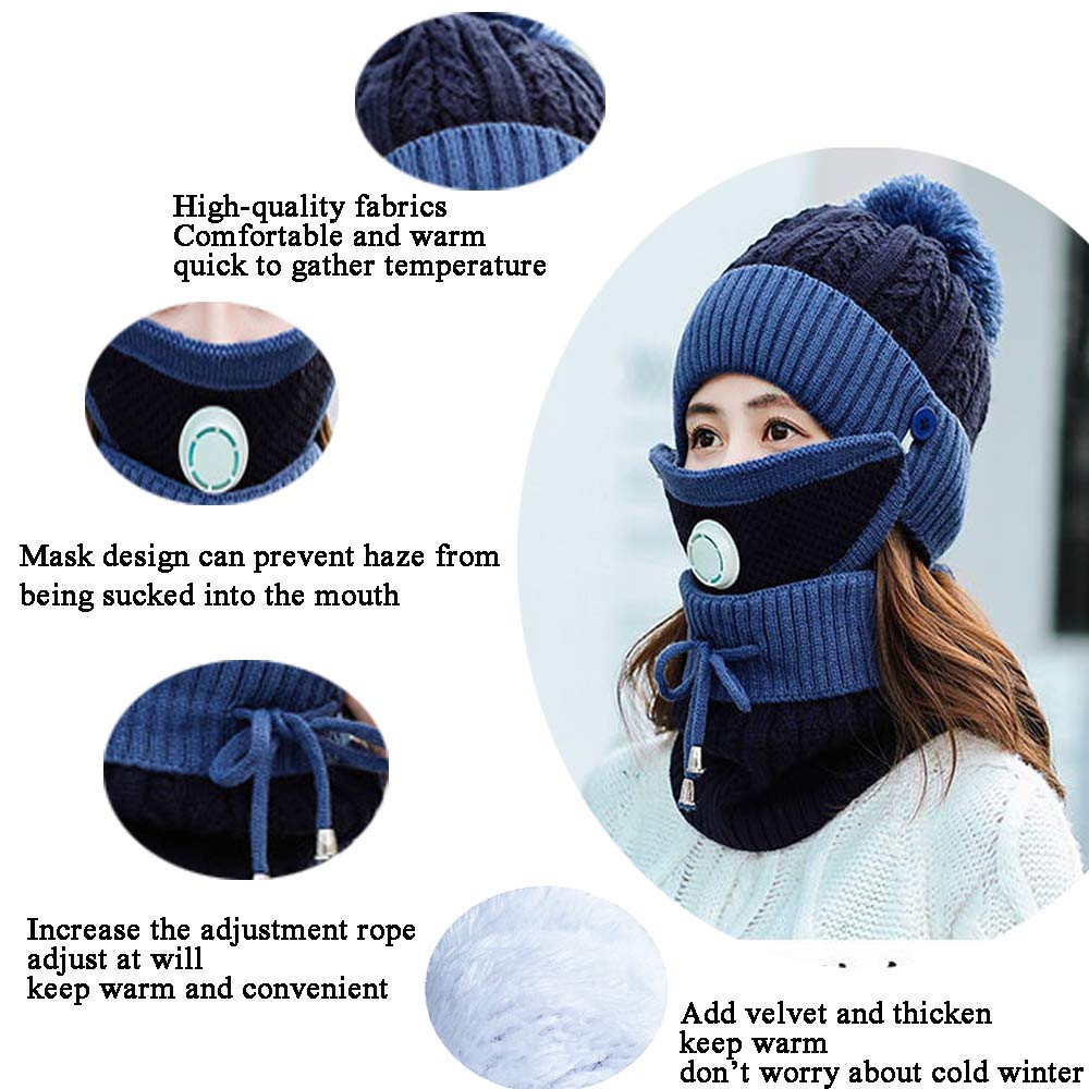 Womens Girls Winter Knitted hat Beanie Scarf mask Set Soft Warm Fleece Lined Winter Ski Hat with Pompom (Navy Blue)