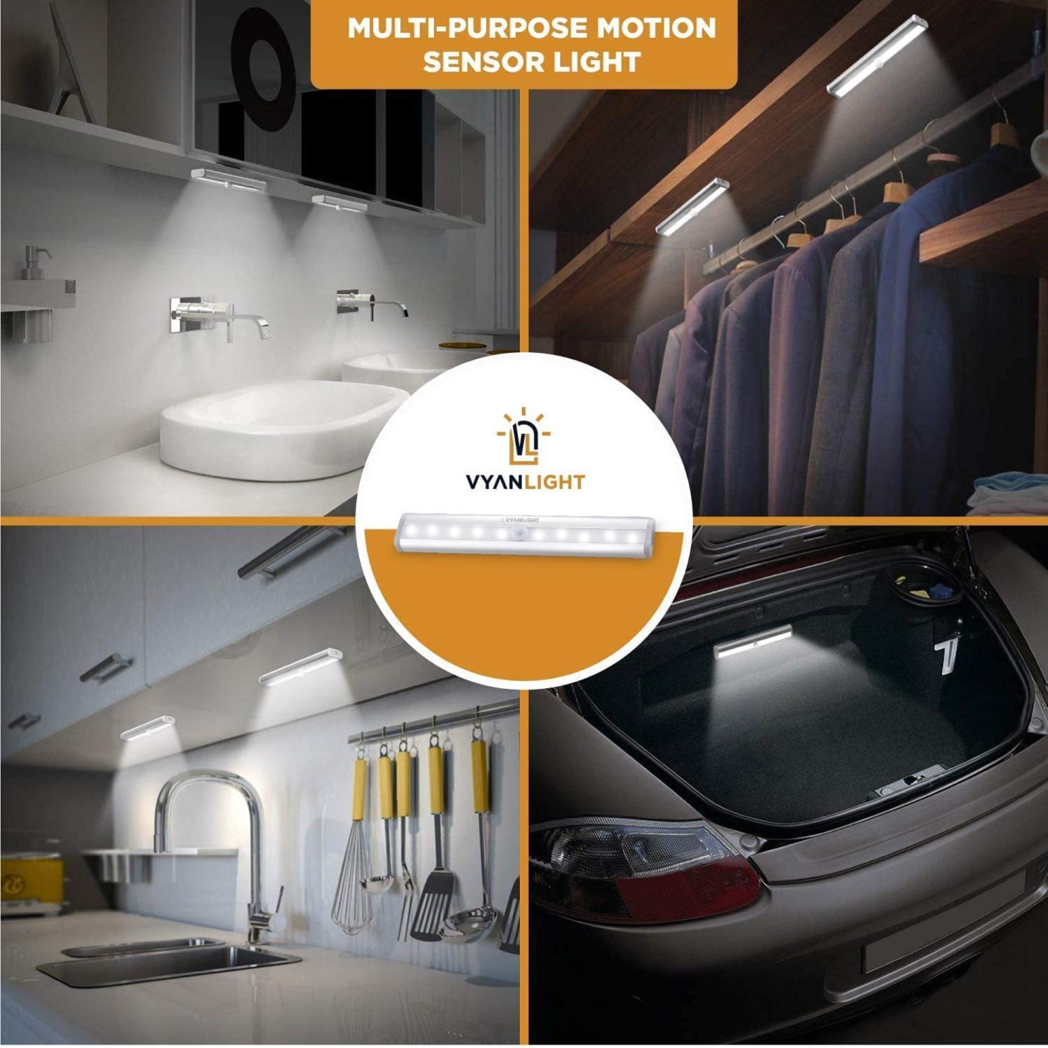 VYANLIGHT Under Cabinet Lights, Motion Sensor 10 LED Light Indoor - Light Strips for Closet, Kitchen, Bathroom, Pantry - Wireless Battery Operated Cabinet Lighting, Peel and Stick Anywhere, 6 Pack