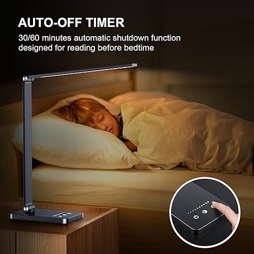 Yeslights LED Desk Lamp with USB Charging Port,Dimmable Table Lamp Reading Lamp,5 Brightness Level,30/60 Minutes Auto-Off Timer, Eye-Caring Office Lamp