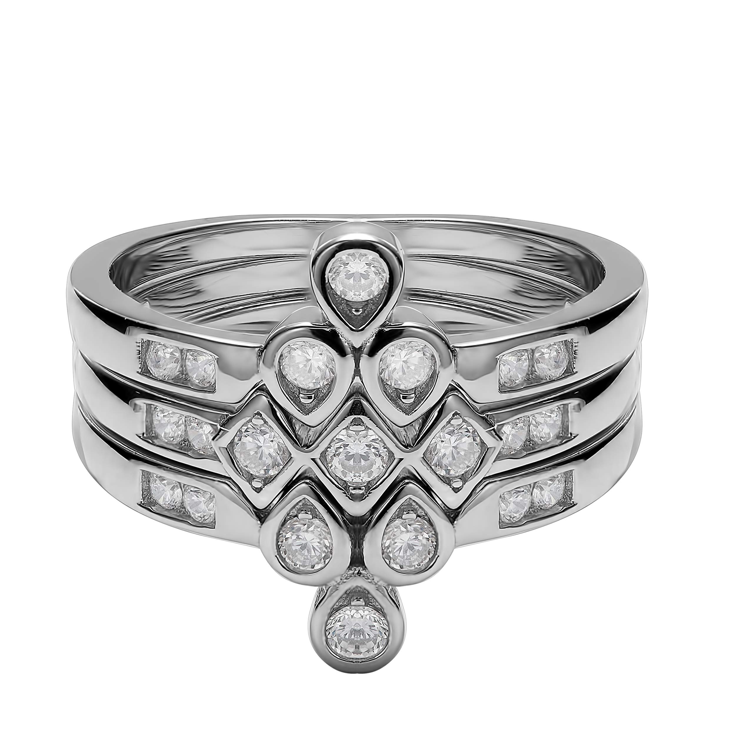 Sterling Silver V Shaped Round Trio Ring Stack with Cubic Zirconia Chevron Three Piece Dainty Puzzle Stacking Rings (Size 8)