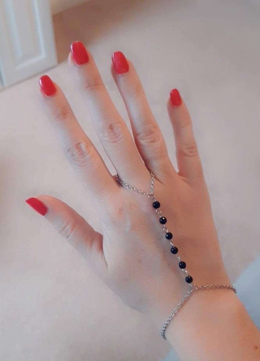YOUCANDOIT2 Stainless Steel Finger Ring Bracelet Natural agate stone Tassel Bracelet Slave Finger Ring Hand Harness (black)