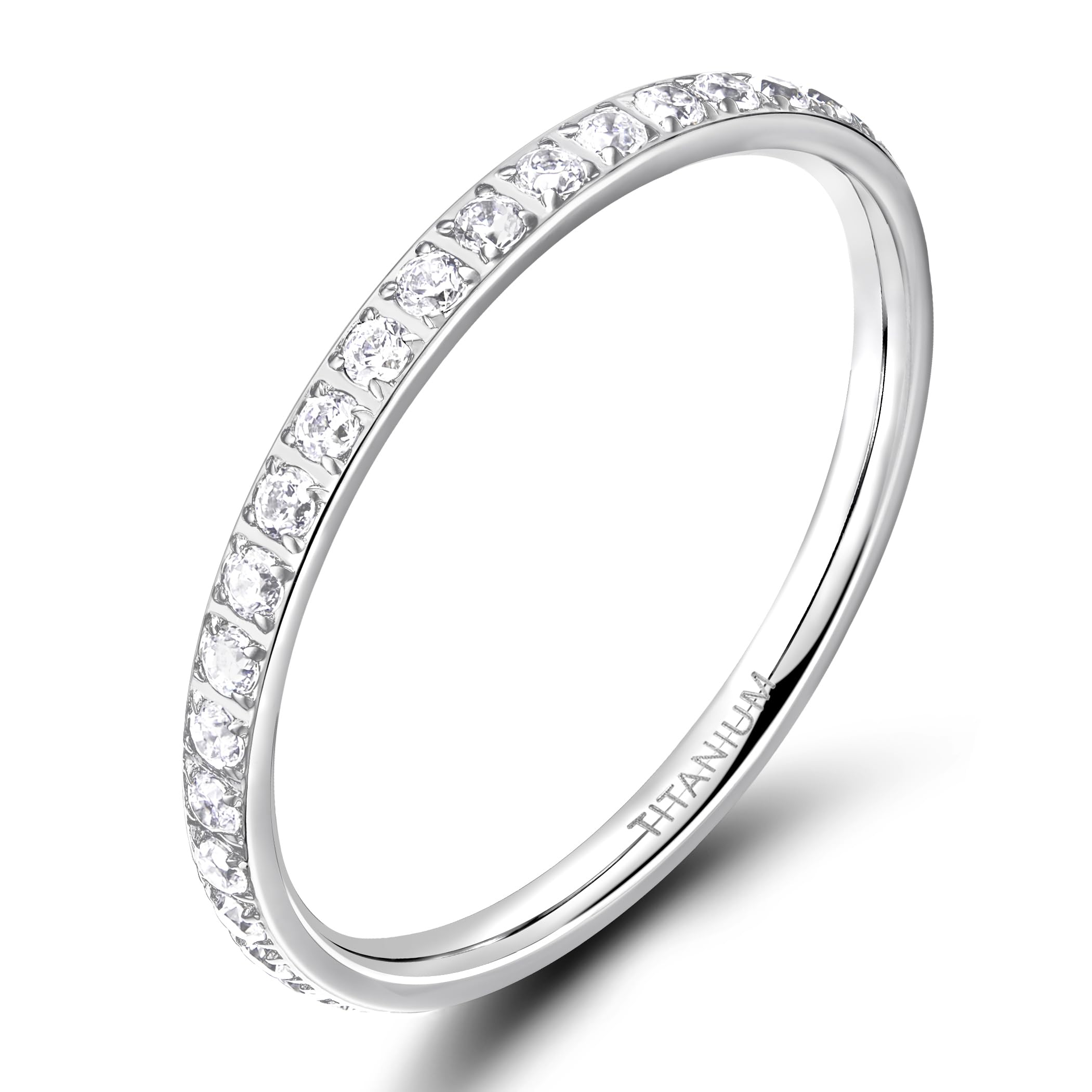 TIGRADE 2mm Women Titanium Eternity Ring Cubic Zirconia Anniversary Wedding Engagement Band Size 3-13.5 (Silver, 8)