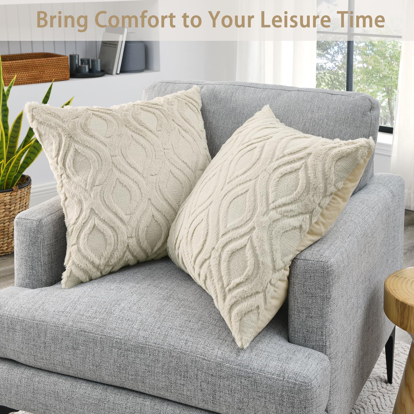 Volcanics Decorative Throw Pillow Covers 20x20 Inch, Faux Wool Plush Couch Cushion Cases Soft Fluffy Boho Pillowcases, Set of 2, Beige