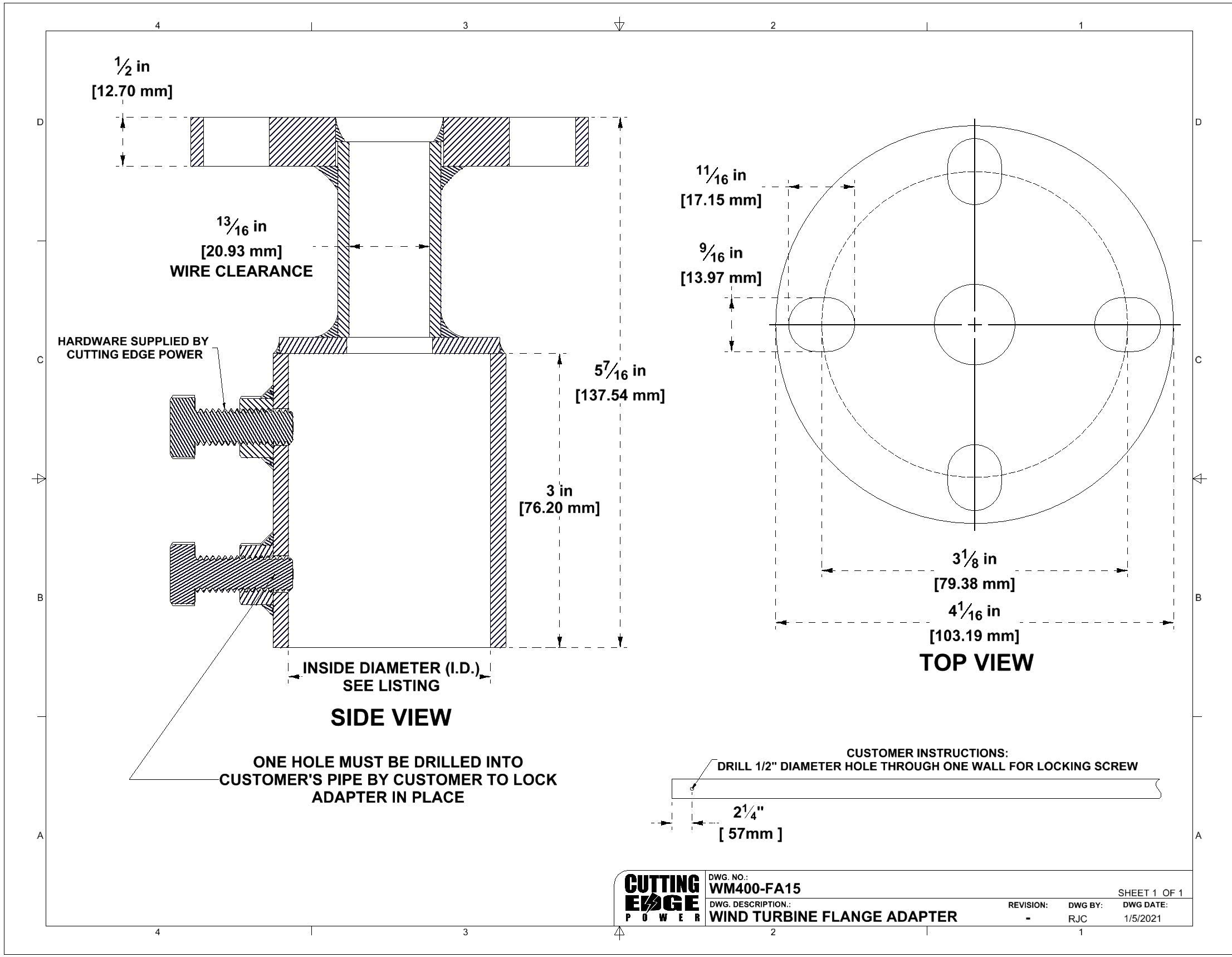 Wind Turbine Flange to Pipe Adapter for Import Turbines, NO Welding, Made in USA (1-1/2" Pipe)