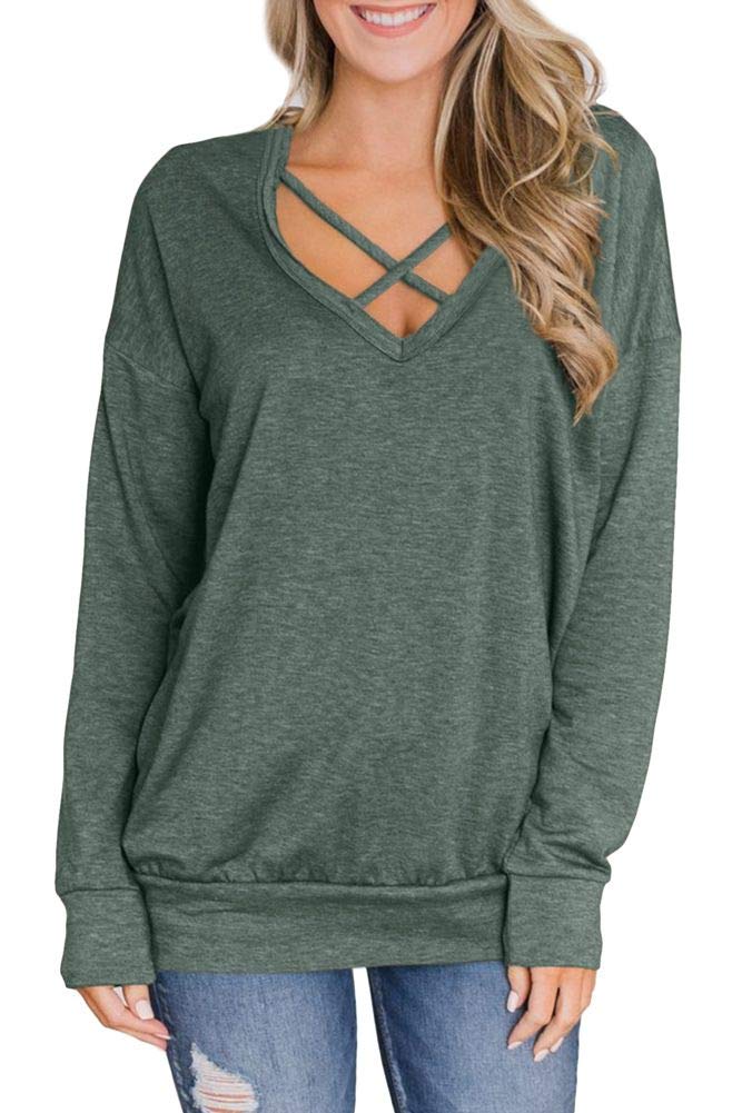 Womens Casual Long Sleeve Shirts V Neck Criss Cross Oversized Tunic Tops Olive M