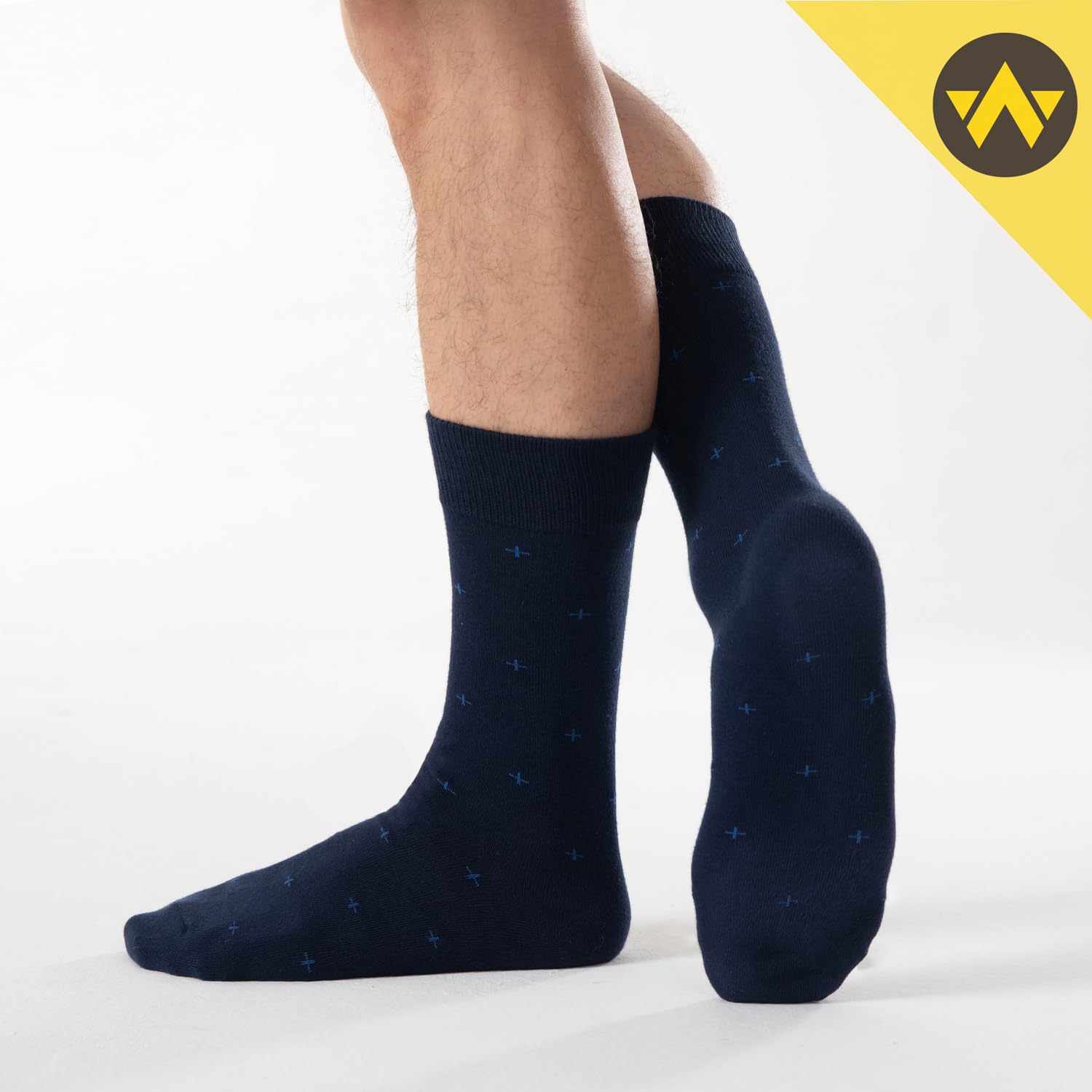 WANDER Men's Dress Socks Cotton Thin Trouser Calf Socks Striped Argyle Novelty Socks (Shoe Size:13-15,8 Pairs Navy Blue Pattern)