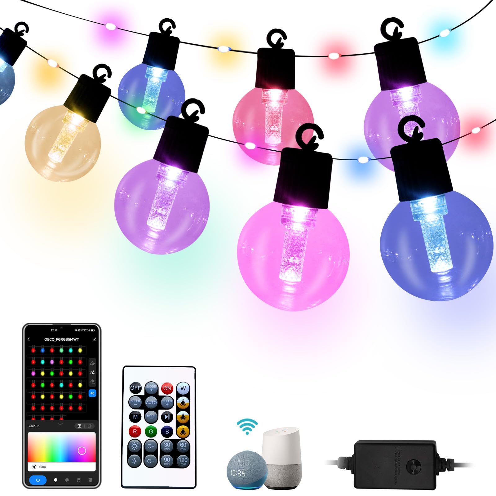 Smart Outdoor String Lights Waterproof, Dimmable Patio Lights with Remote & App Control, 50FT RGB Color Changing Outdoor Lights Compatible with Alexa for Party Yard Holiday Home Decor