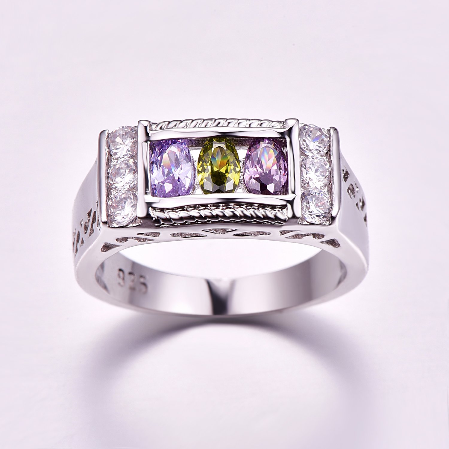 Veunora Silver Plated Created Peridot Amethyst 3x5mm 3-Stone Cubic Zirconia Filled Promise Ring Band for Women Size 8