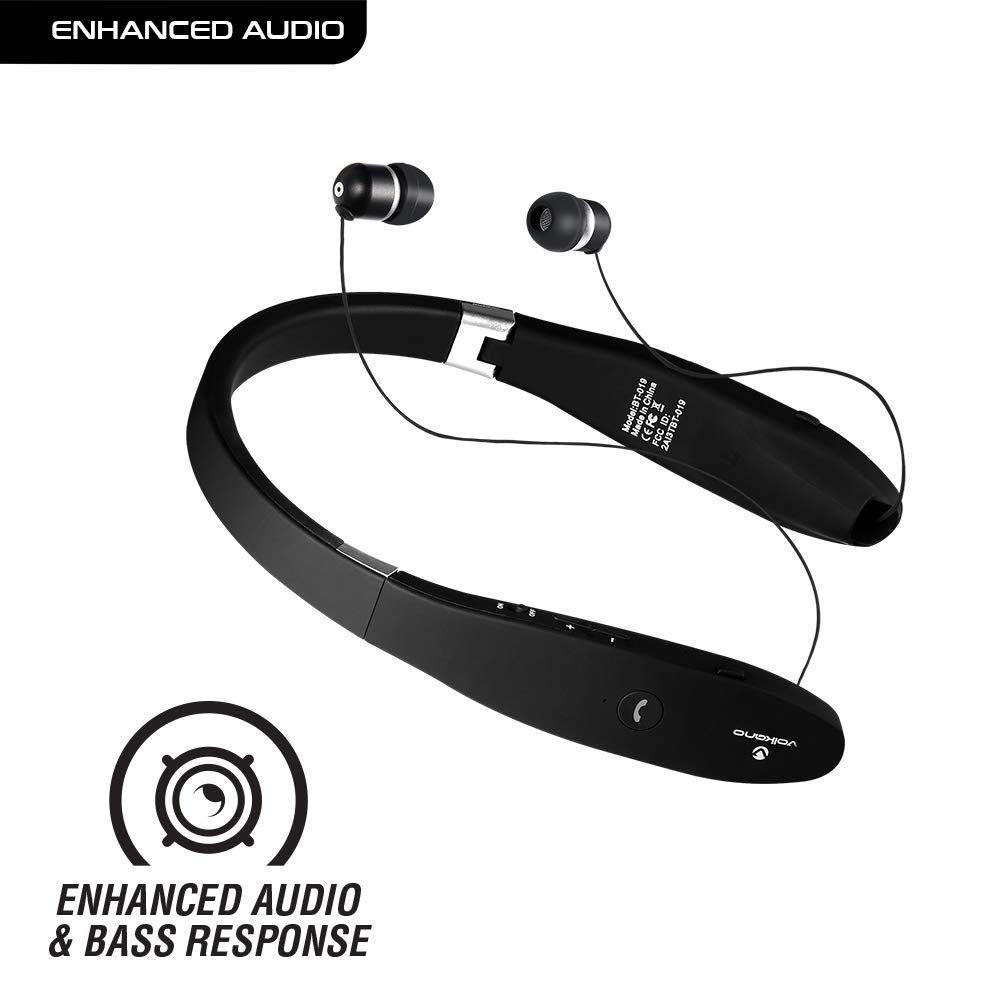 Volkano Retractable Bluetooth Neckband Earphones, Hands-Free Calling, Integrated Controls with Built-in Microphone for Clear Calls, Long Playtime, Lightweight Wireless Headset [Black] - Cravat Series