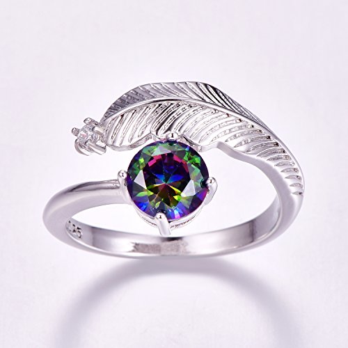 Veunora Silver Plated 7x7mm Created Rainbow Topaz Cubic Zirconia Filled Feather Ring for Women Size 7