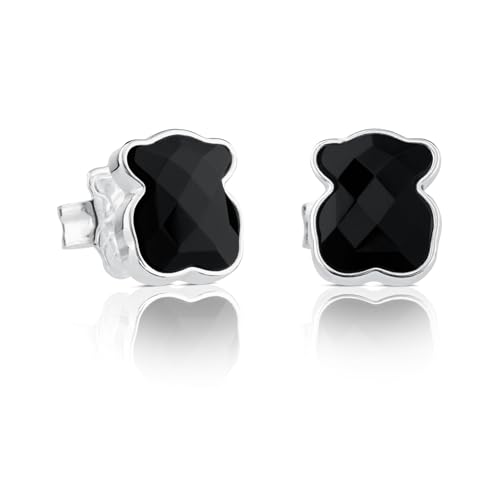 TOUS Sterling Silver with Onyx Earrings for Women with Bear Motif, Size: 7mm. Color Collection