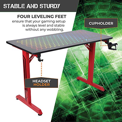 X Rocker Hex PC Modern Gaming Desk, with Headset Hook and Cup Holder, Textured Carbon Fiber, 721601, 47.24" x 23.62" x 29.13", Black and Red
