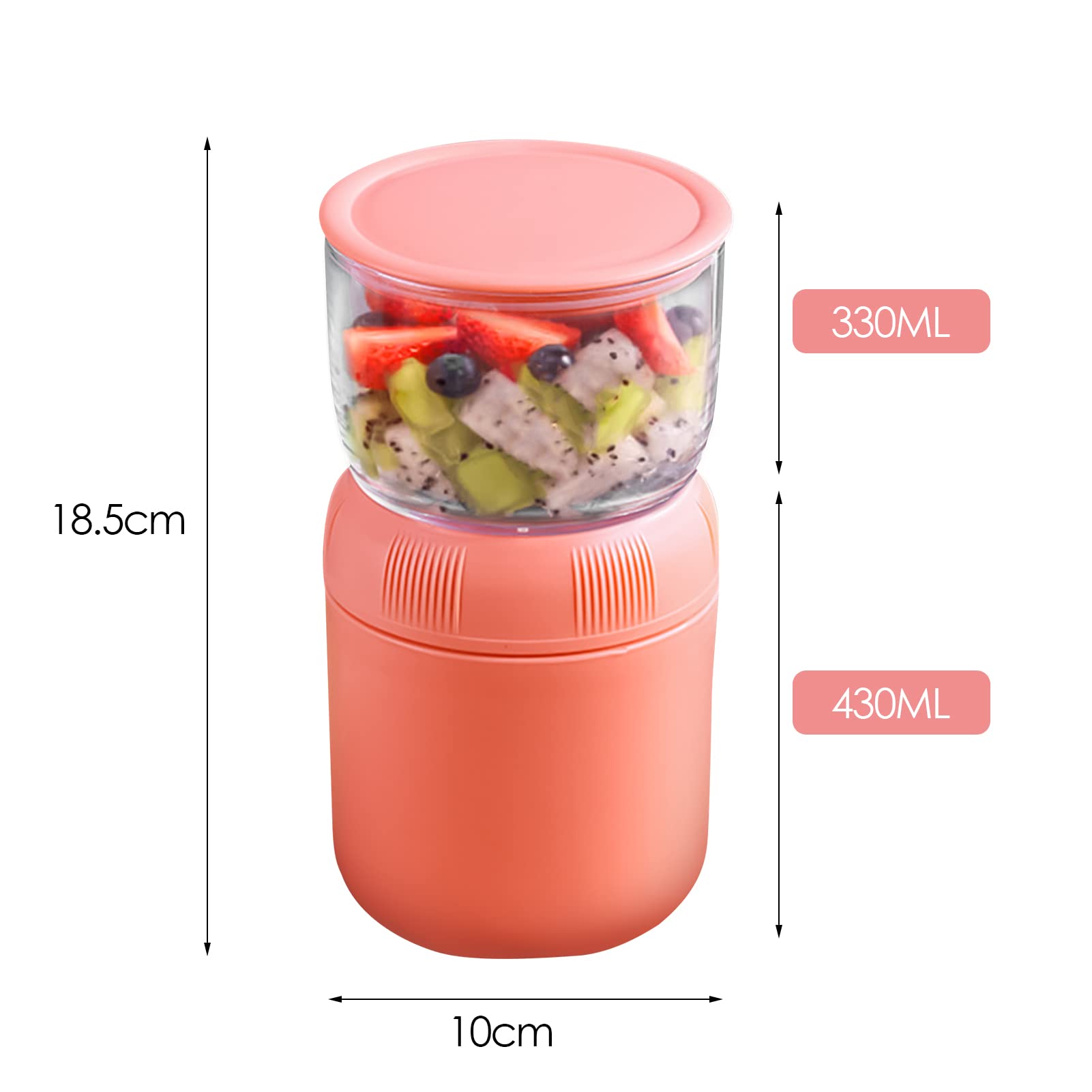 Yogurt Container with Lid and Spoon 2-Tier Cereal Cup,430 ml + 330 ml Cereal Cup Portable Leak-Proof Insulated Food Container Overnight Oats Containers Cereal Milk Cold Hot Food for Kids Adults