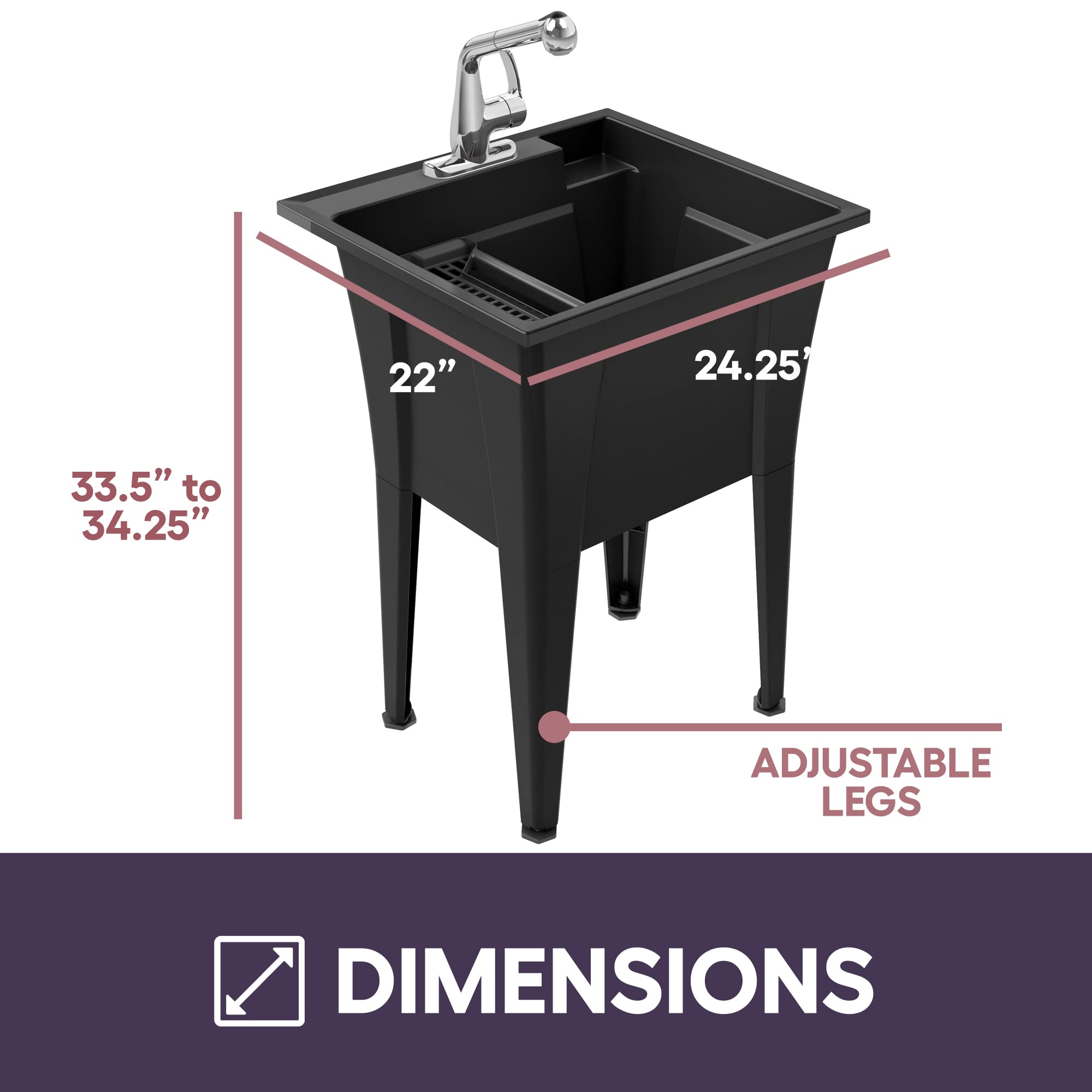 Utility Sink with One-Handle Black Plastic Faucet – Polypropylene Laundry Sink, White Garage Sink, Indoor and Outdoor Use – Complete Sink Set by Noah William Home (24” X 22” X 34” 19.5 Gallons)