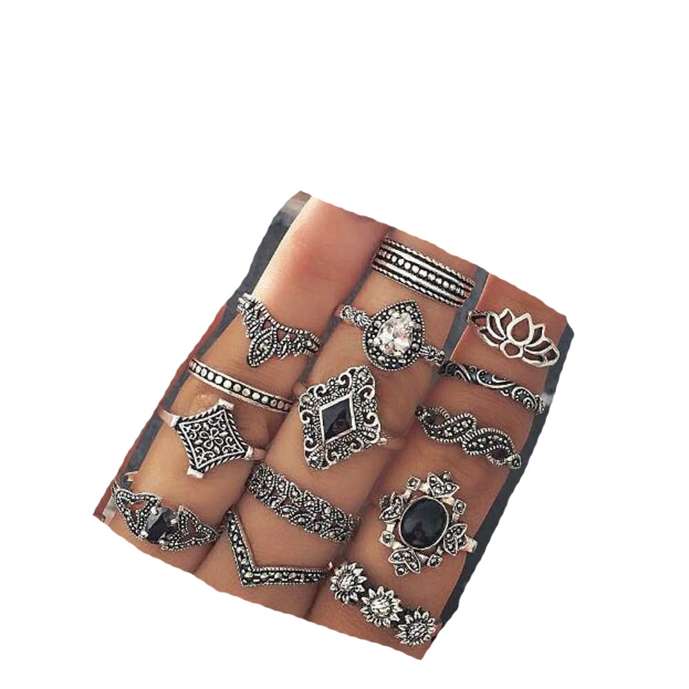 Xerling 15Pcs Vintage Knuckle Ring Set Teardrop Lotus Flower Floral Ring Set Black Gemstone Ring Retro Jewelry Crown Sunflower Geometric Finger Stacking Rings