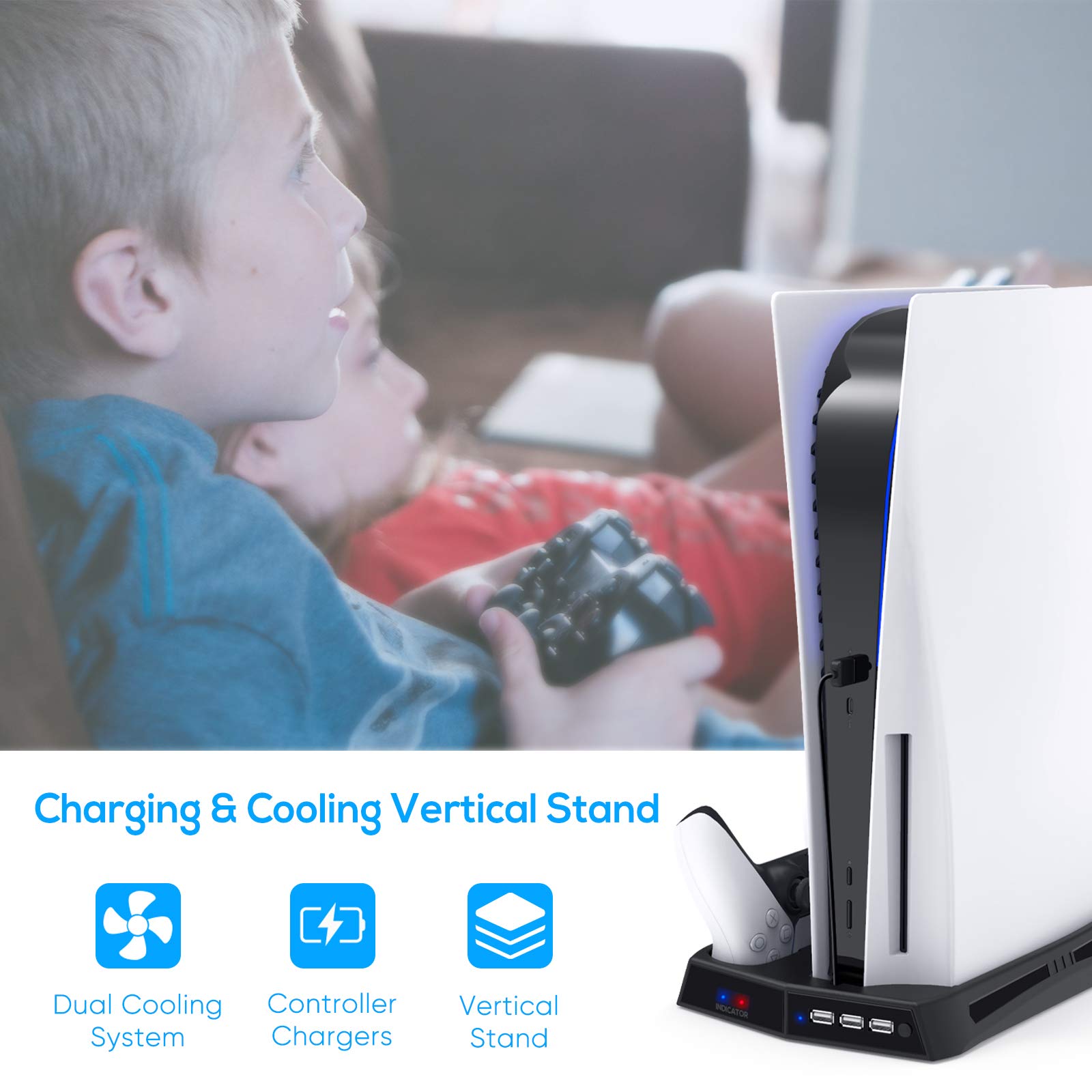 YUANHOT Vertical Cooling Stand Compatible with PS5 Console, Charging Station Dock with Dual Controller Charger Ports and Cooling Fan System